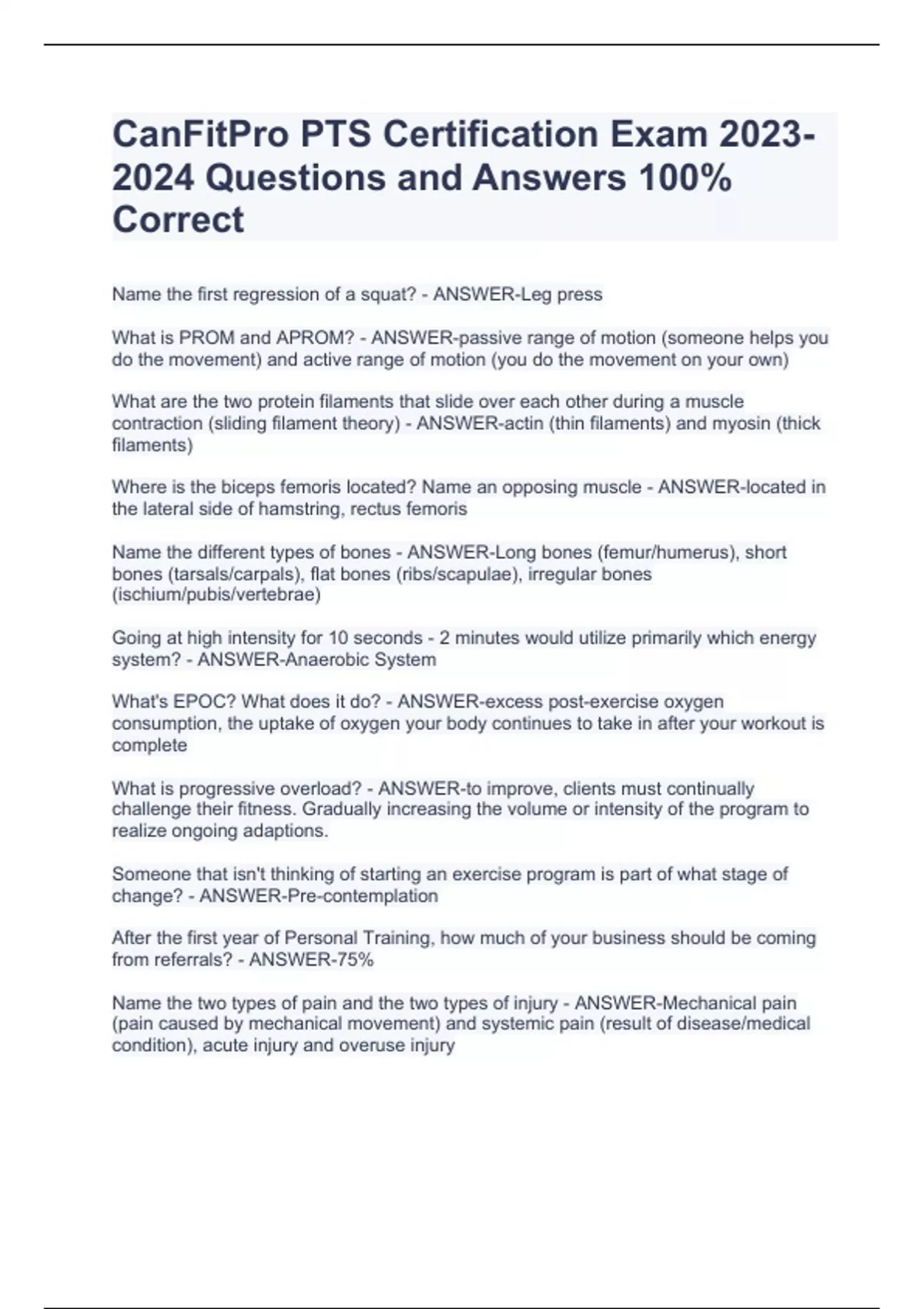 CanFitPro PTS Certification Exam Questions and Answers 100% Correct ...