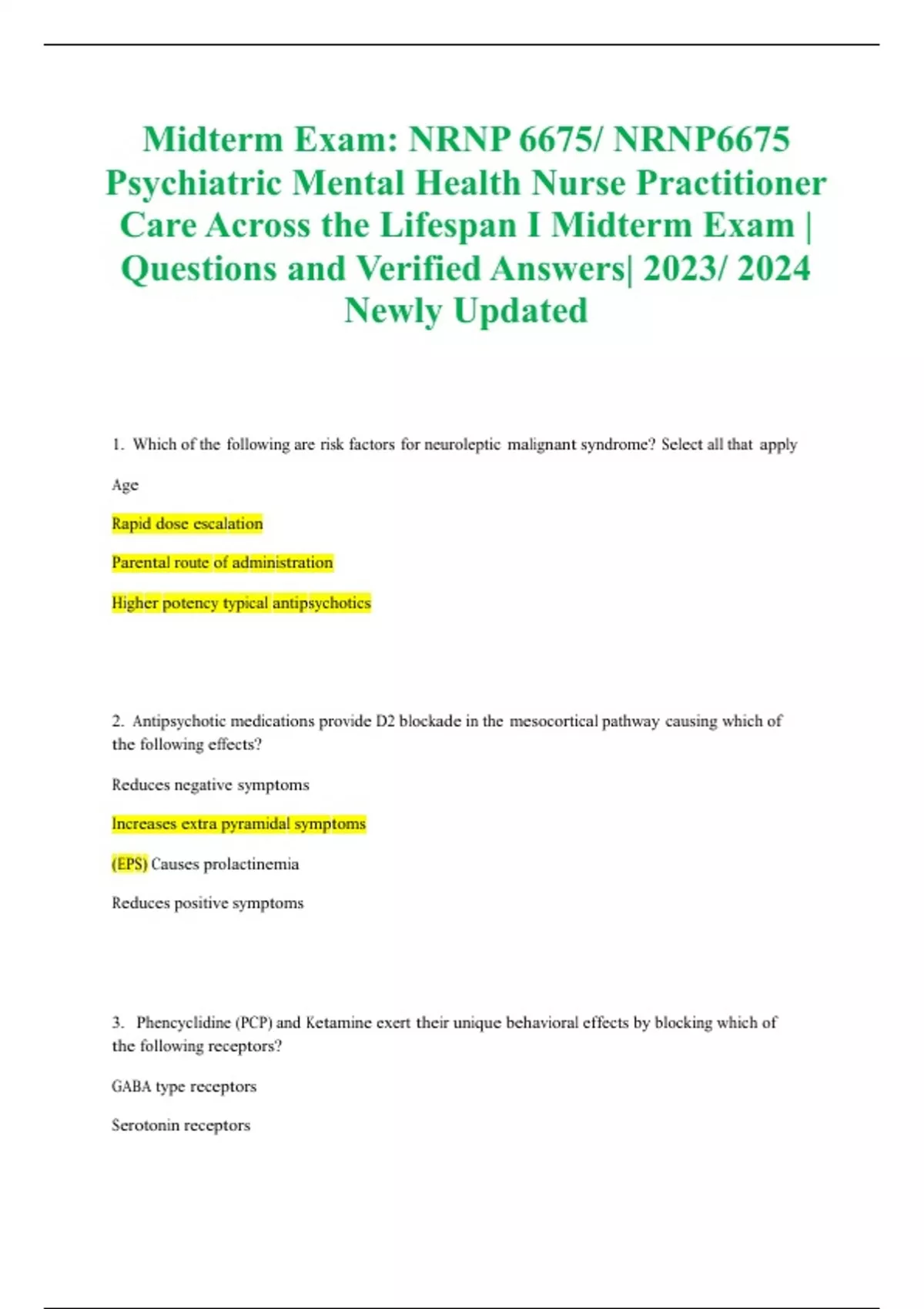 Midterm Exam: NRNP 6675/ NRNP6675 Psychiatric Mental Health Nurse Practitioner Care Across the ...