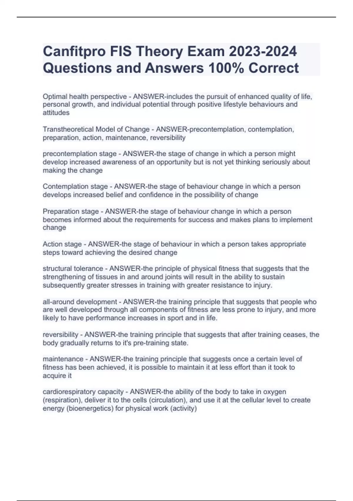 Canfitpro FIS Theory Exam Questions and Answers 100% Correct - Canfitpro - Stuvia UK