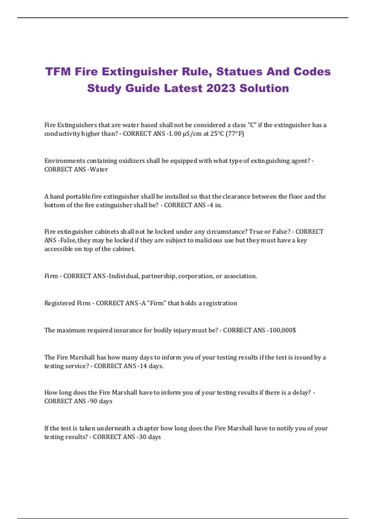 TFM Fire Extinguisher Rule, Statues And Codes Study Guide Latest 2023 ...