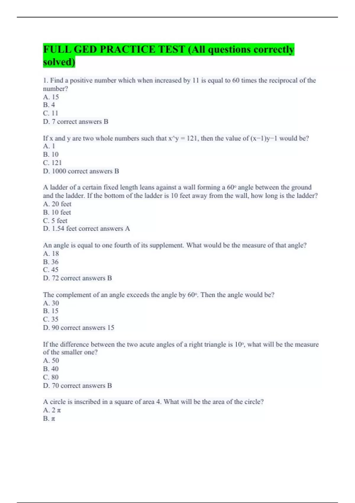 FULL GED PRACTICE TEST All Questions Correctly Solved GED General
