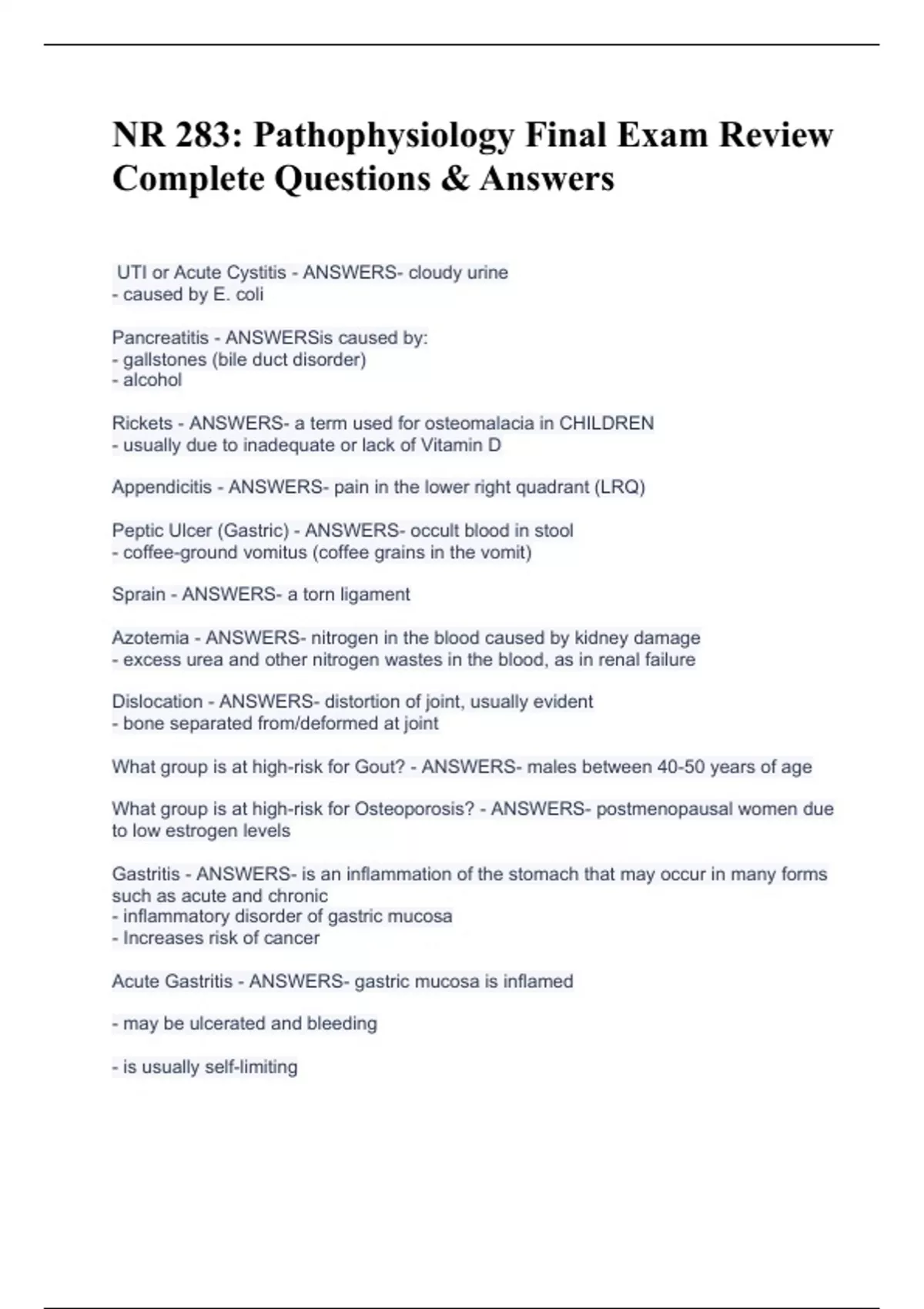 NR 283: Pathophysiology Final Exam Review Complete Questions & Answers ...