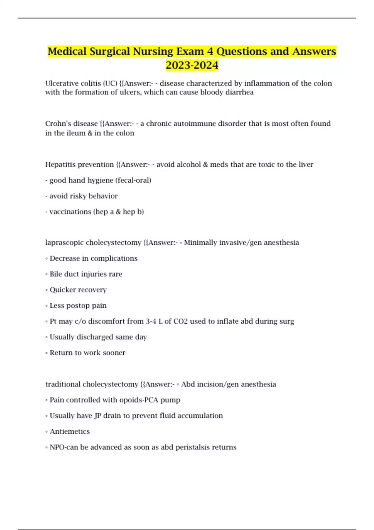 Medical Surgical Nursing Exam 4 Questions and Answers - Medical ...