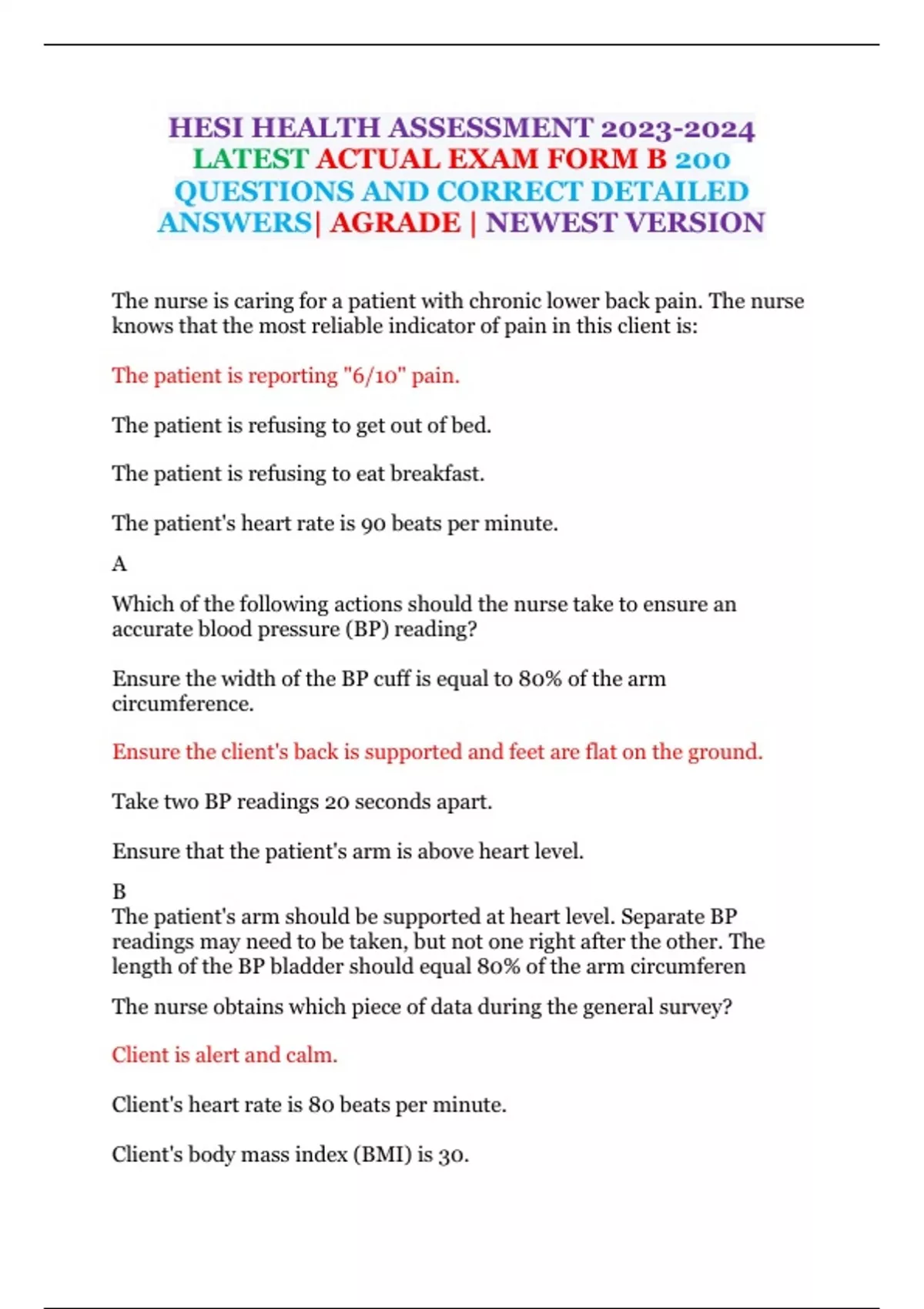 HESI HEALTH ASSESSMENT LATEST ACTUAL EXAM FORM B 200 QUESTIONS AND ...