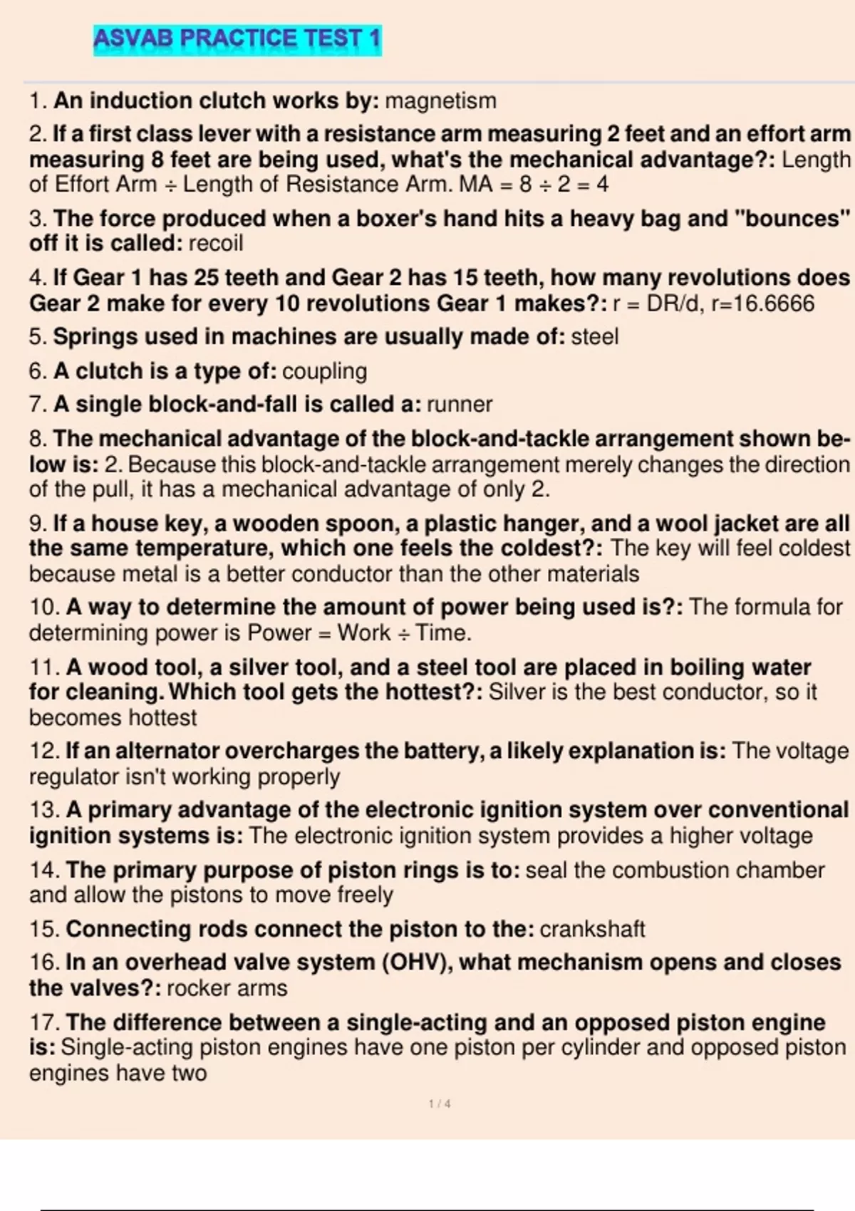 ASVAB practice test 1 1. An induction clutch works by: magnetism 2. If ...