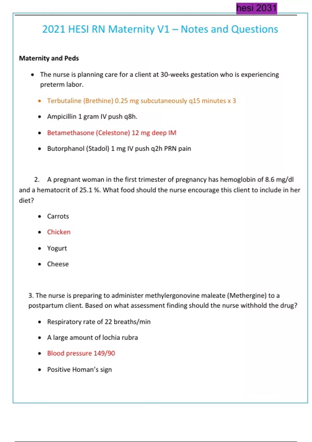 2021 HESI RN Maternity V1 – Notes and Questions - HESI RN Maternity V1 ...