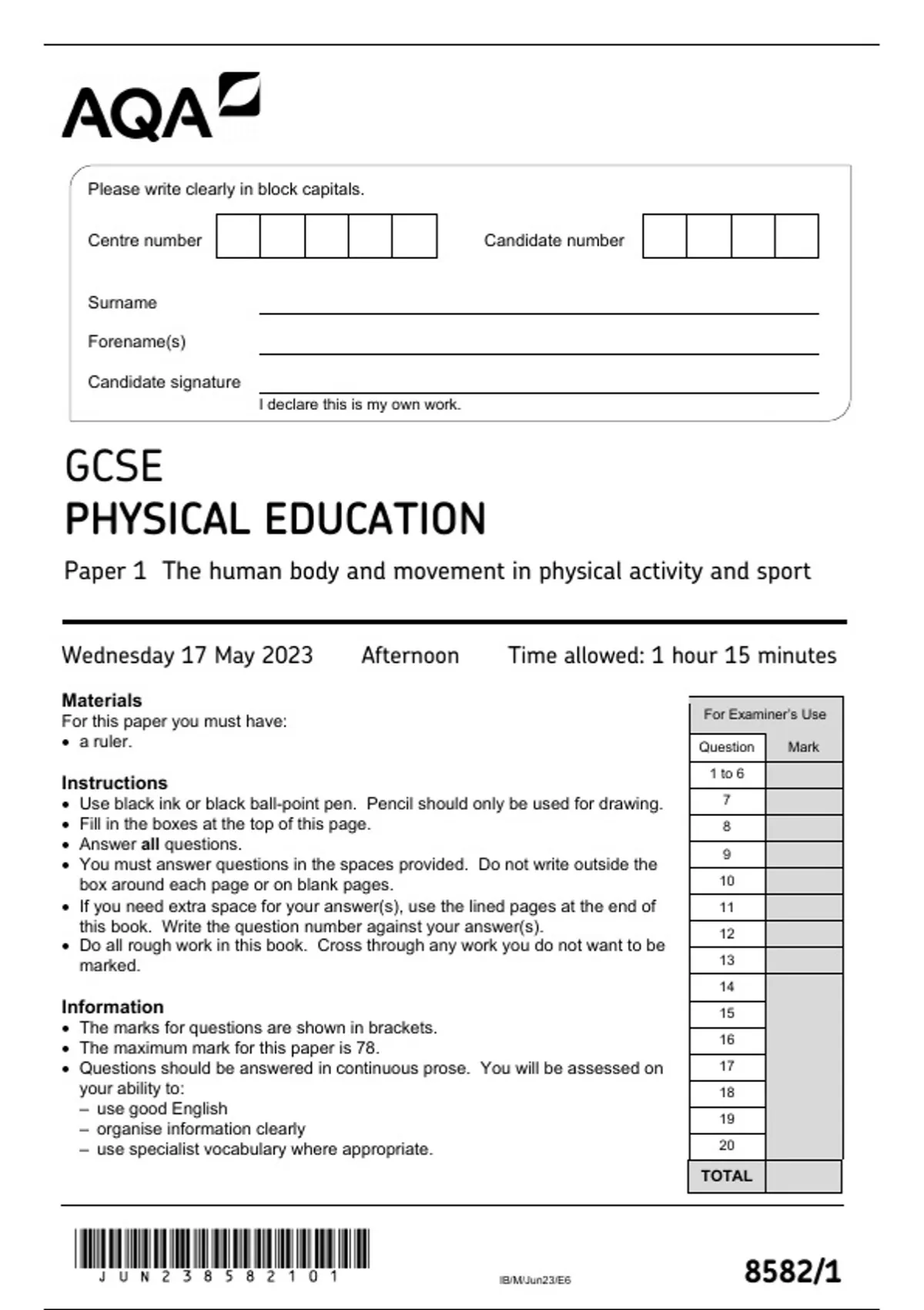 AQA GCSE MAY 2023 PSYSICAL EDUCATION PAPER 1 THE HUMAN BODY AND ...