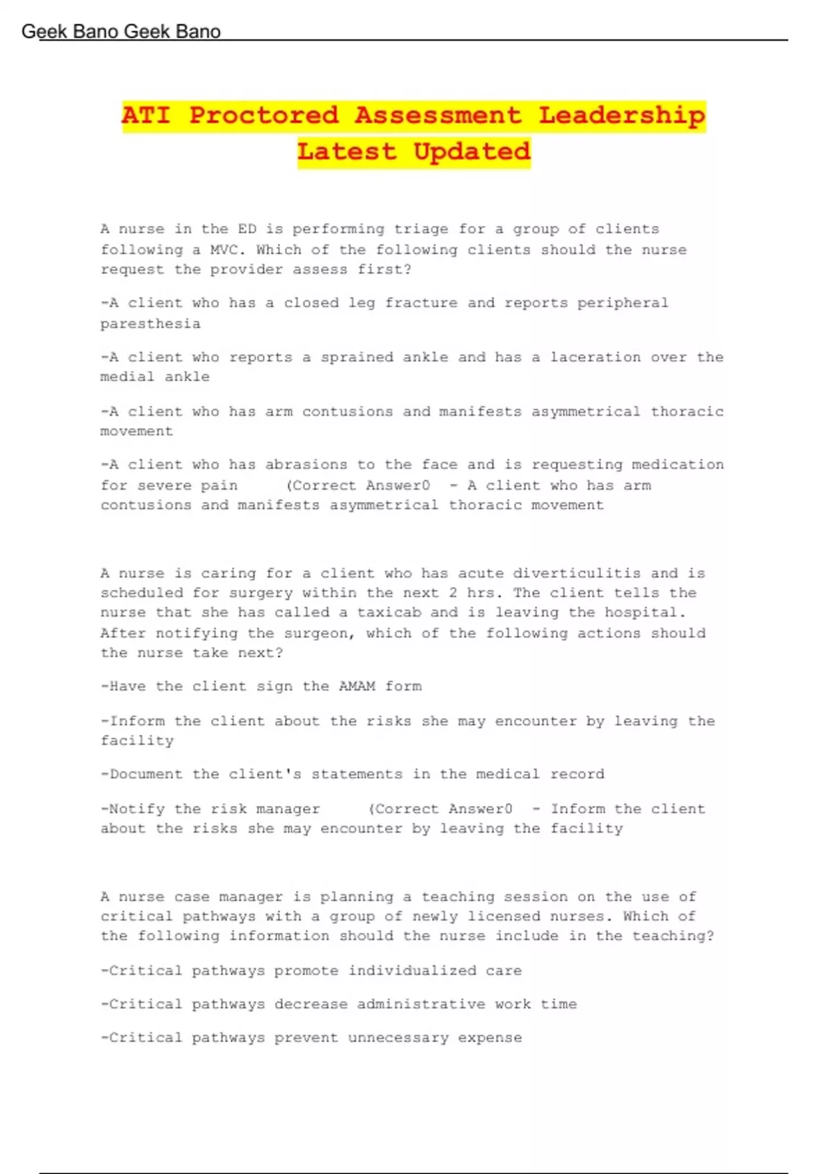 ATI Proctored Assessment Leadership Latest Updated - ATI - Stuvia US