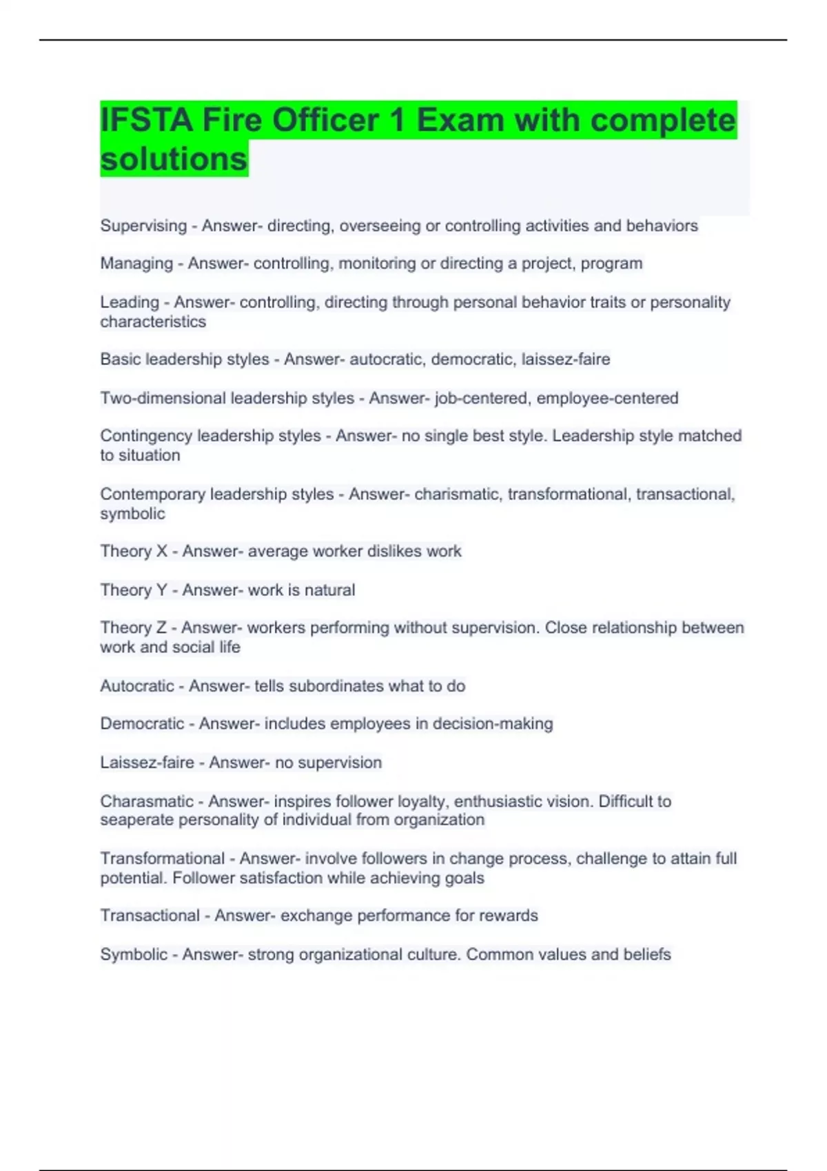 IFSTA Fire Officer 1 Exam with complete solutions - IFSTA Fire Officer ...