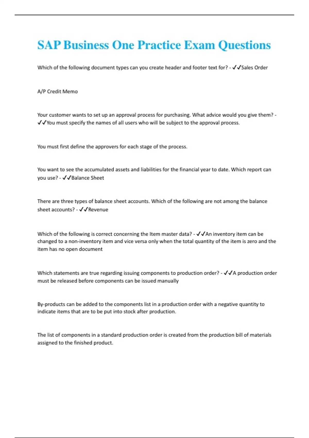 SAP Business One Practice Exam | 60 Questions and Answers(A+ Solution ...