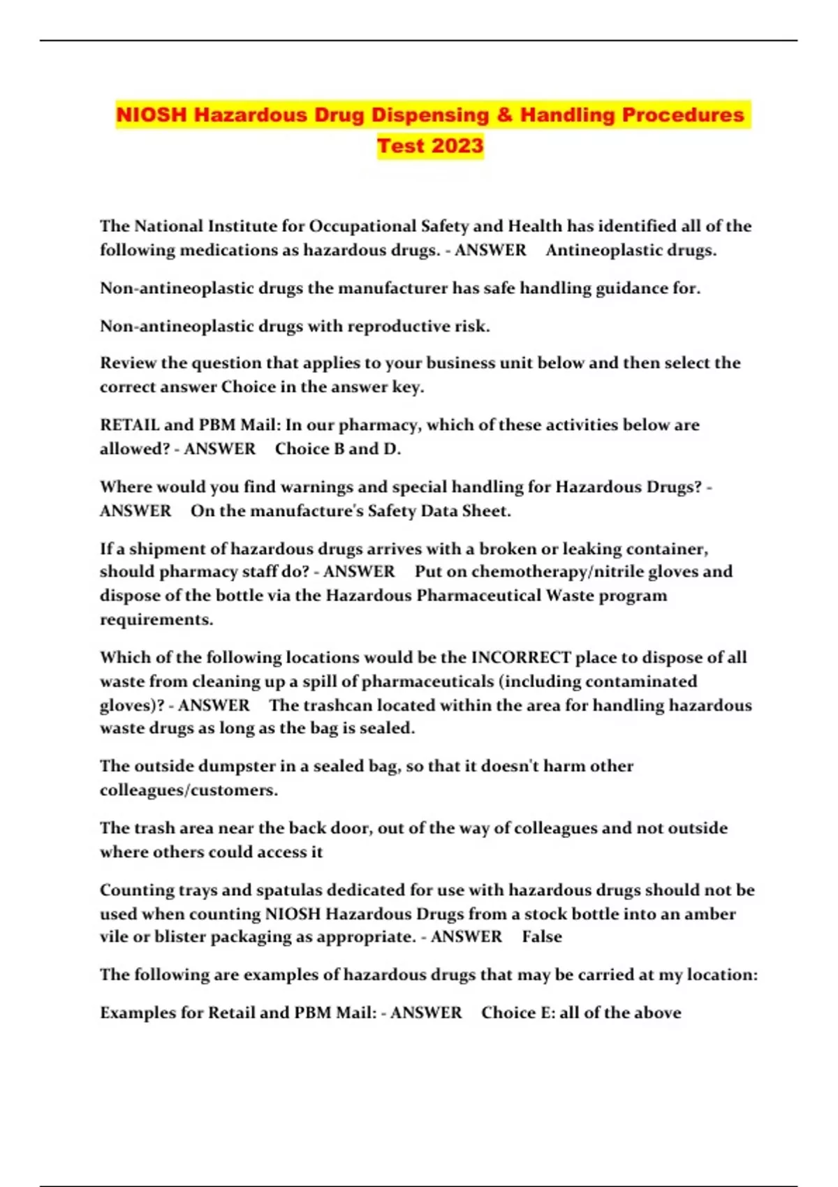 NIOSH Hazardous Drug Dispensing & Handling Procedures Test 2023 - NIOSH ...