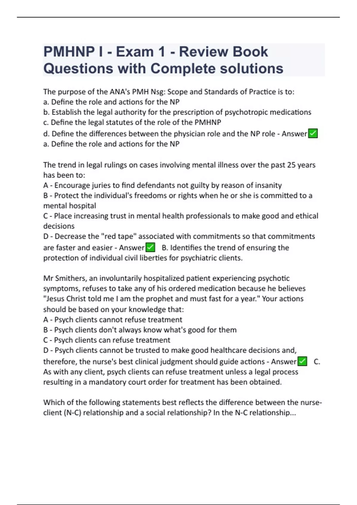 PMHNP I - Exam 1 - Review Book Questions with Complete solutions ...