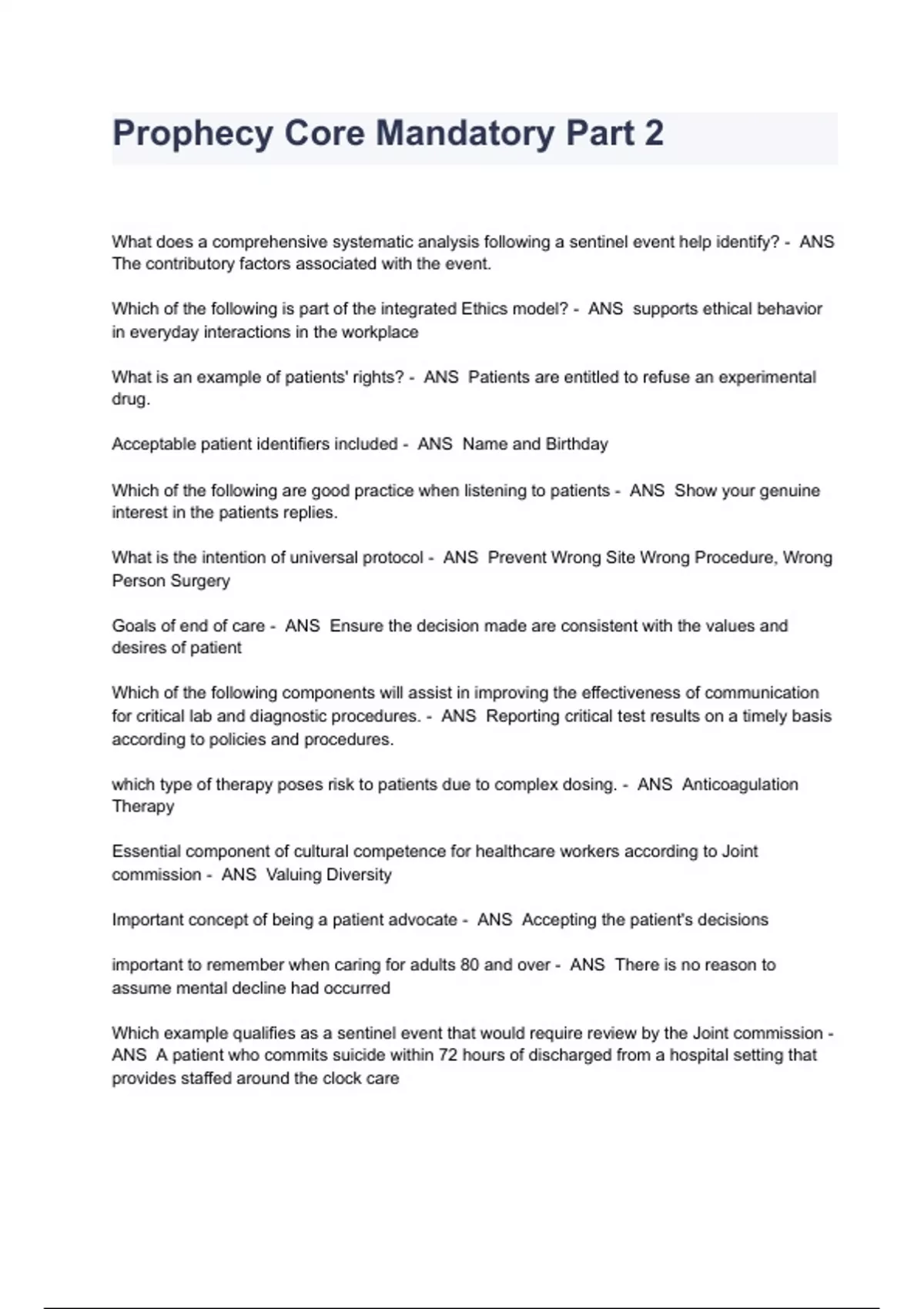 Prophecy- Core Mandatory Part II .2 AND 3 III (Nursing) QUESTIONS AND ...