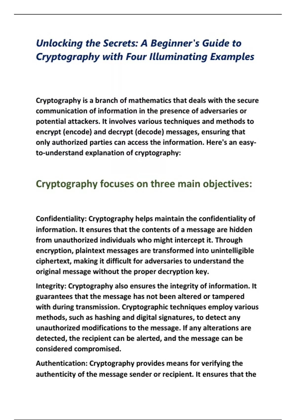 Summary Unlocking the Secrets: A Beginner's Guide to Cryptography with Four Illuminating ...