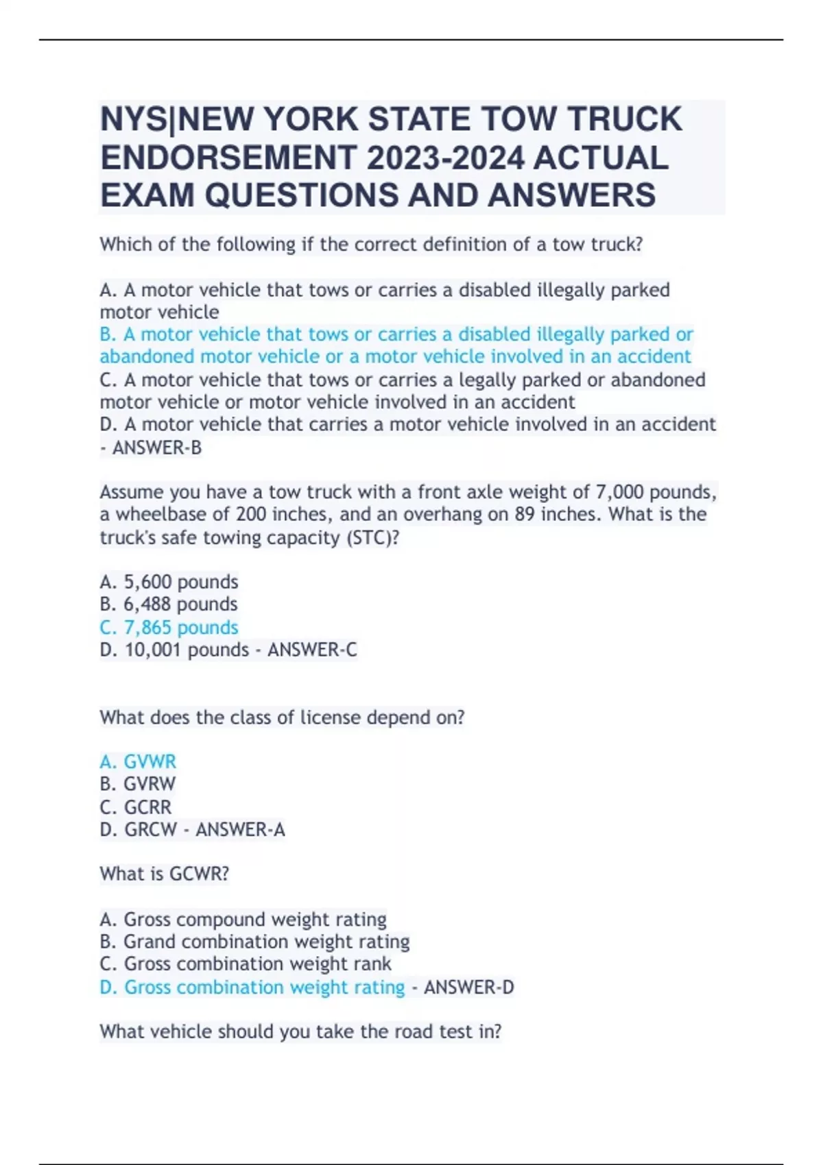 NYS|NEW YORK STATE TOW TRUCK ENDORSEMENT ACTUAL EXAM QUESTIONS AND ...