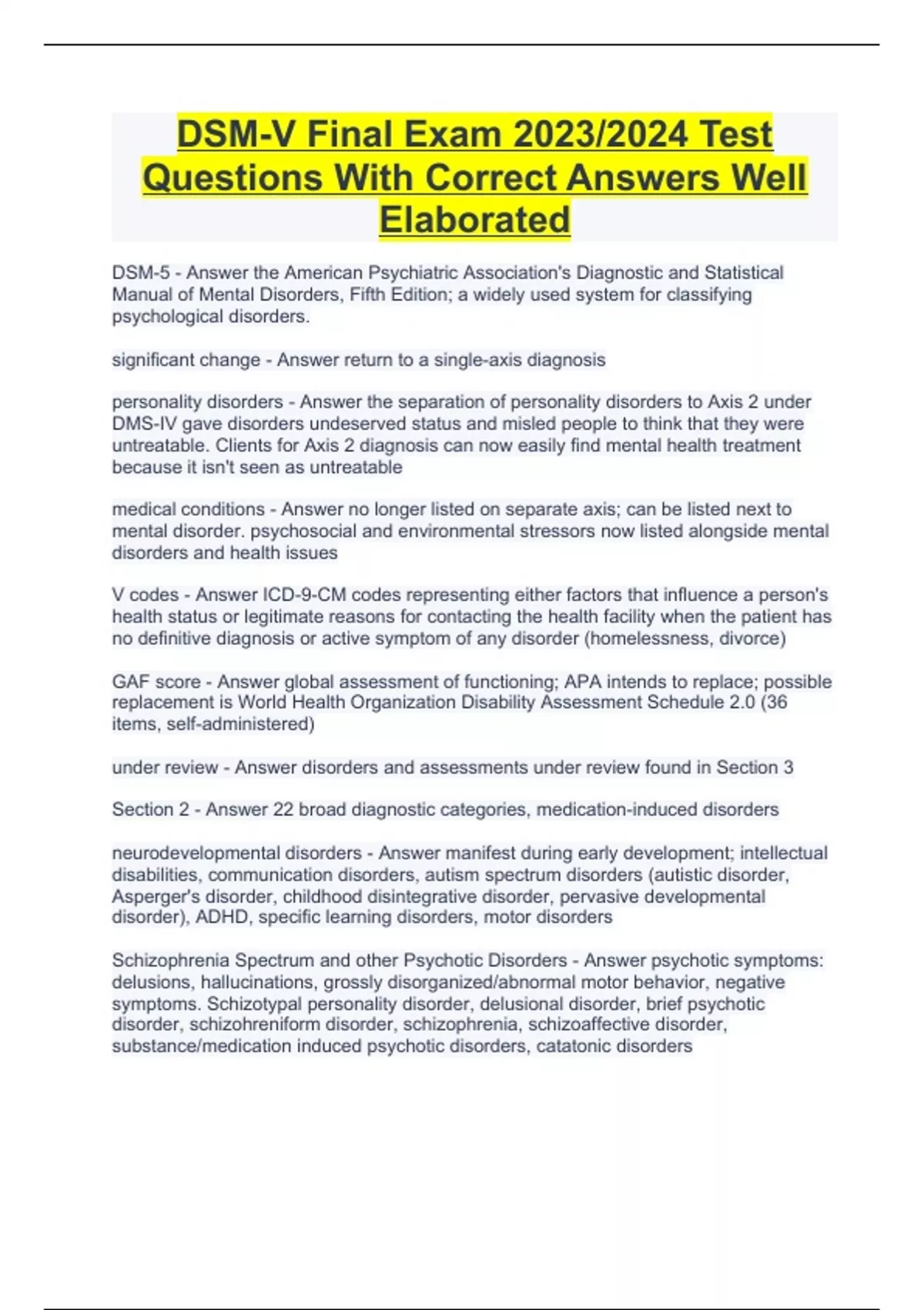 DSM-V Final Exam 2023/2024 Test Questions With Correct Answers Well ...