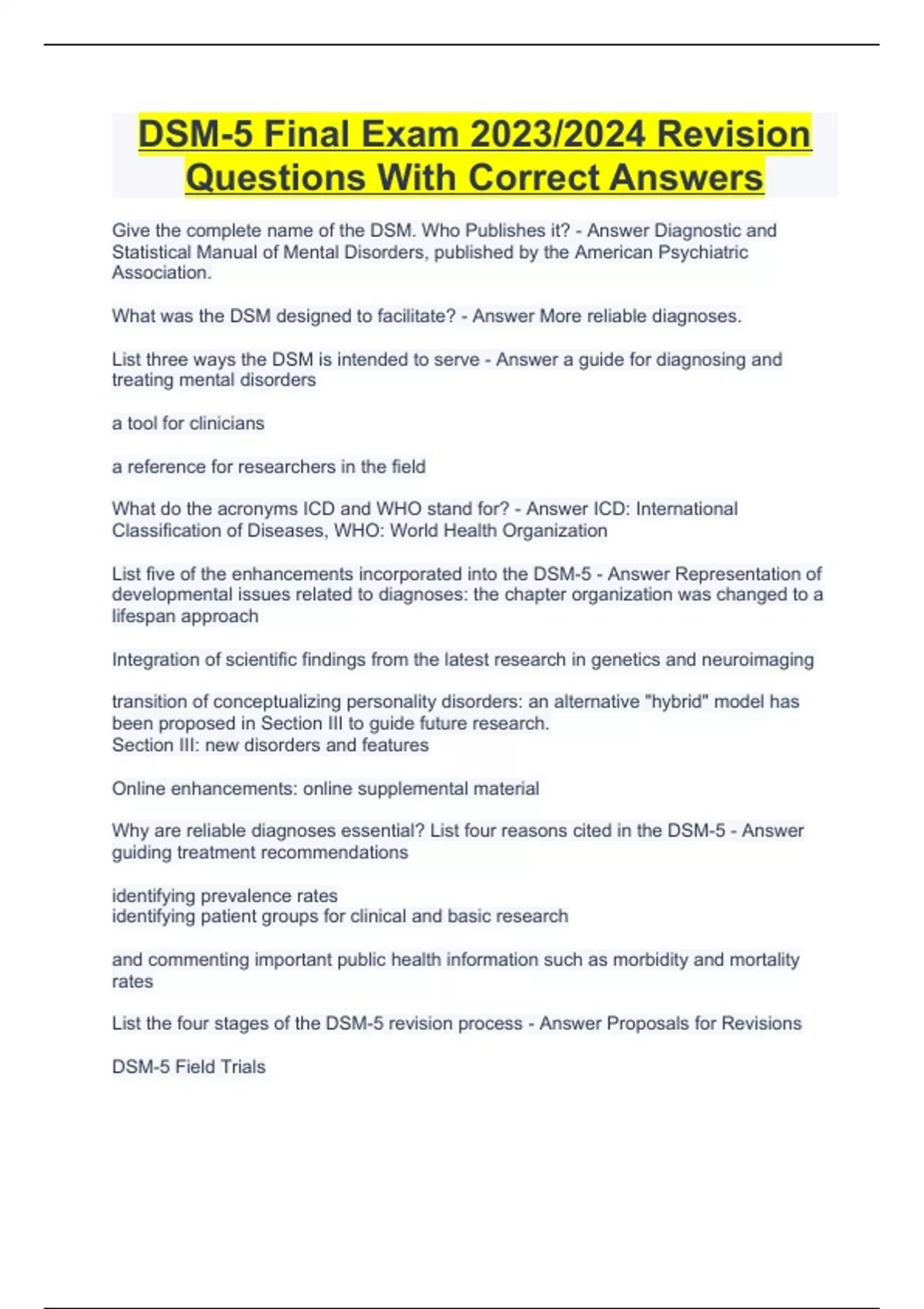 DSM-5 Final Exam 2023/2024 Revision Questions With Correct Answers ...