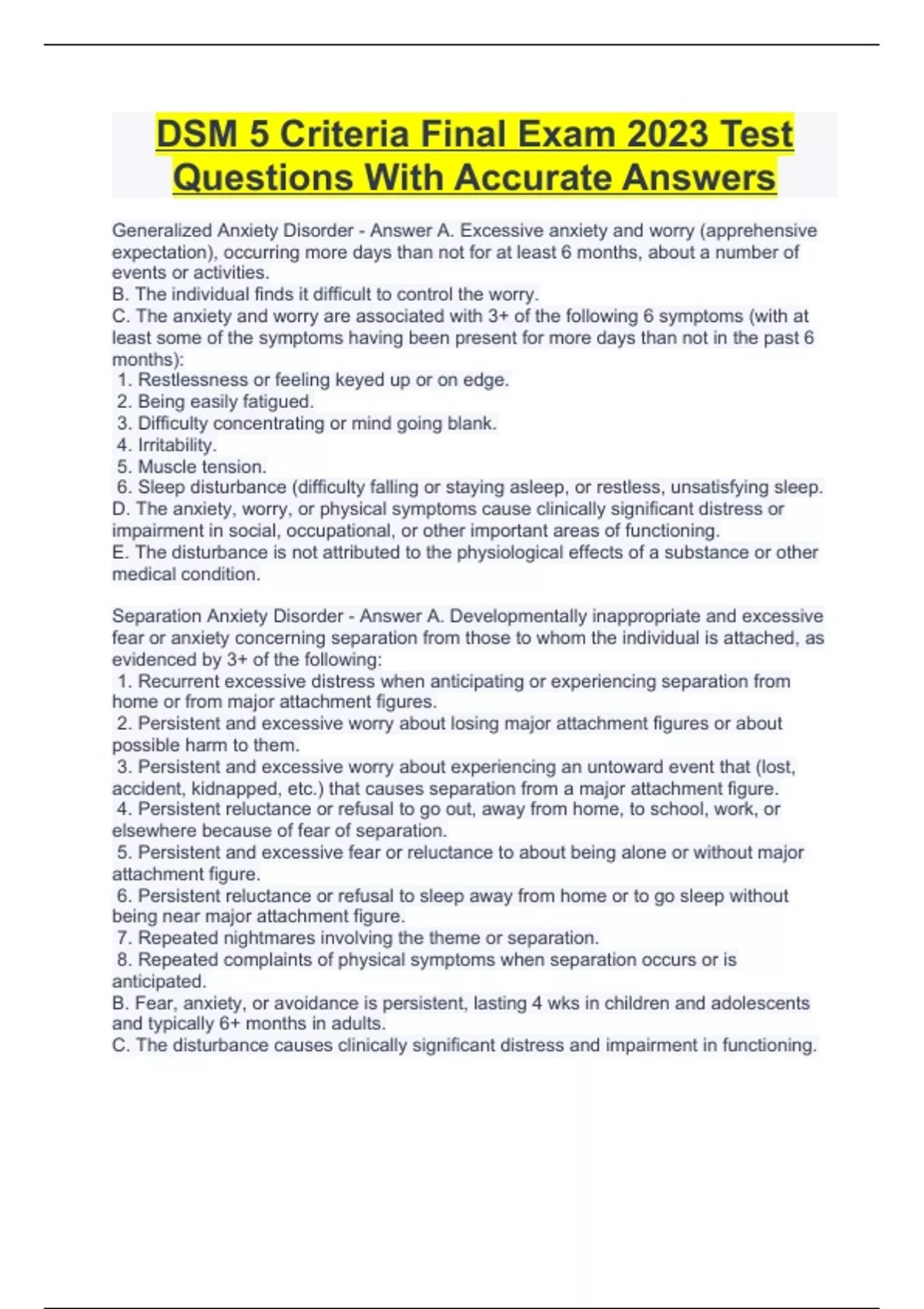 DSM 5 Criteria Final Exam 2023 Test Questions With Accurate Answers ...