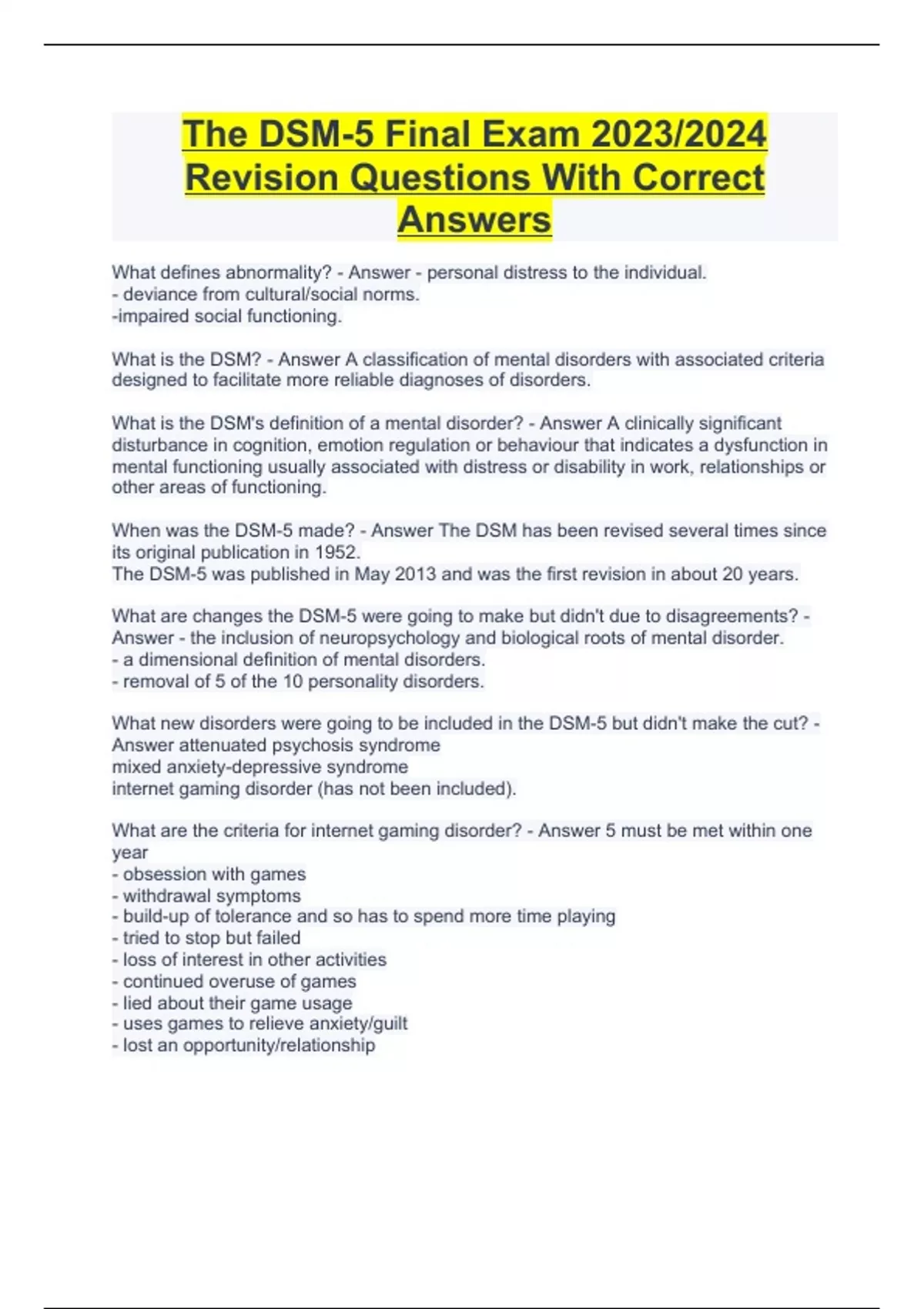 The DSM-5 Final Exam 2023/2024 Revision Questions With Correct Answers ...