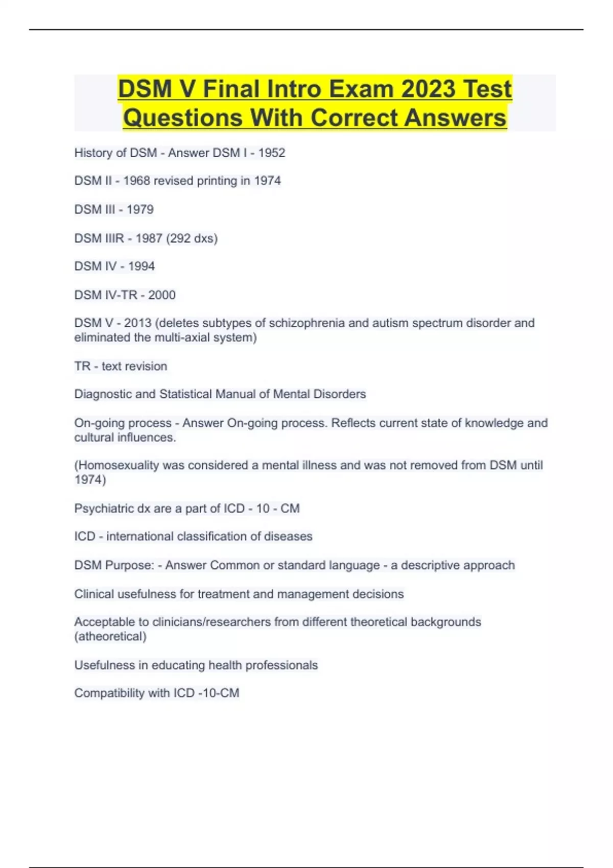 DSM V Final Intro Exam 2023 Test Questions With Correct Answers - DSM ...