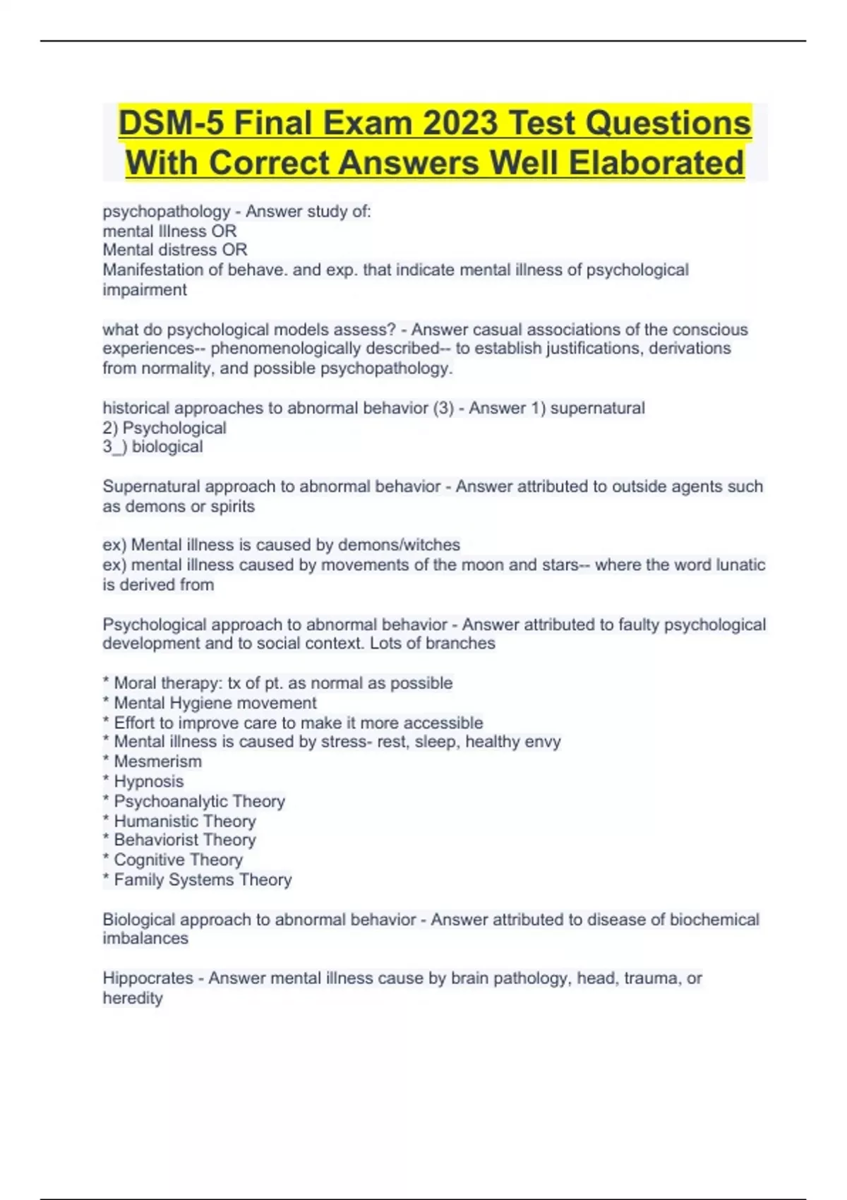 DSM-5 Final Exam 2023 Test Questions With Correct Answers Well ...