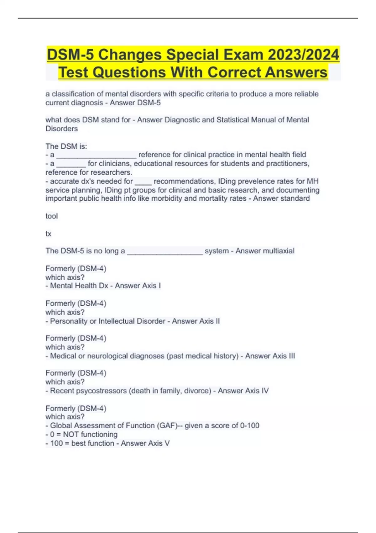 DSM-5 Changes Special Exam 2023/2024 Test Questions With Correct ...