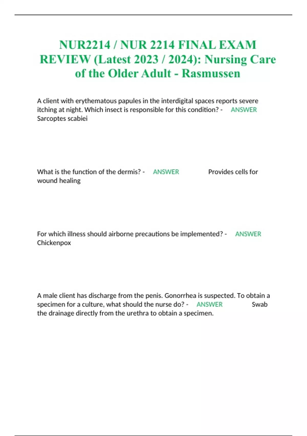 NUR2214 / NUR 2214 FINAL EXAM REVIEW (Latest 2023 / 2024): Nursing Care ...