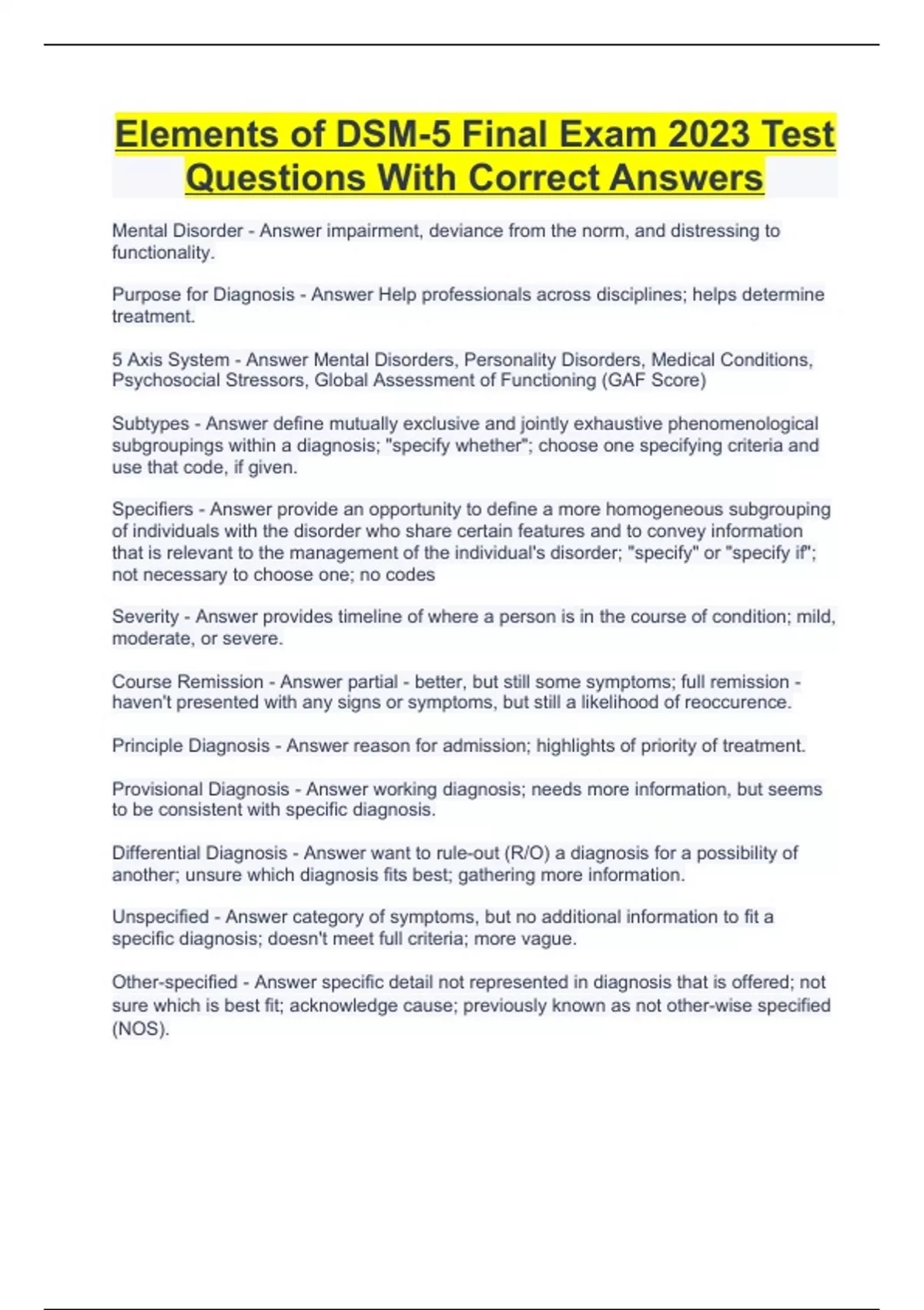 Elements of DSM-5 Final Exam 2023 Test Questions With Correct Answers ...