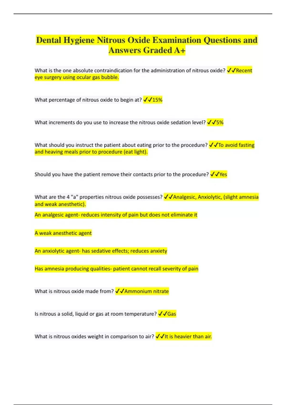 Dental Hygiene Nitrous Oxide Examination Questions and Answers Graded ...