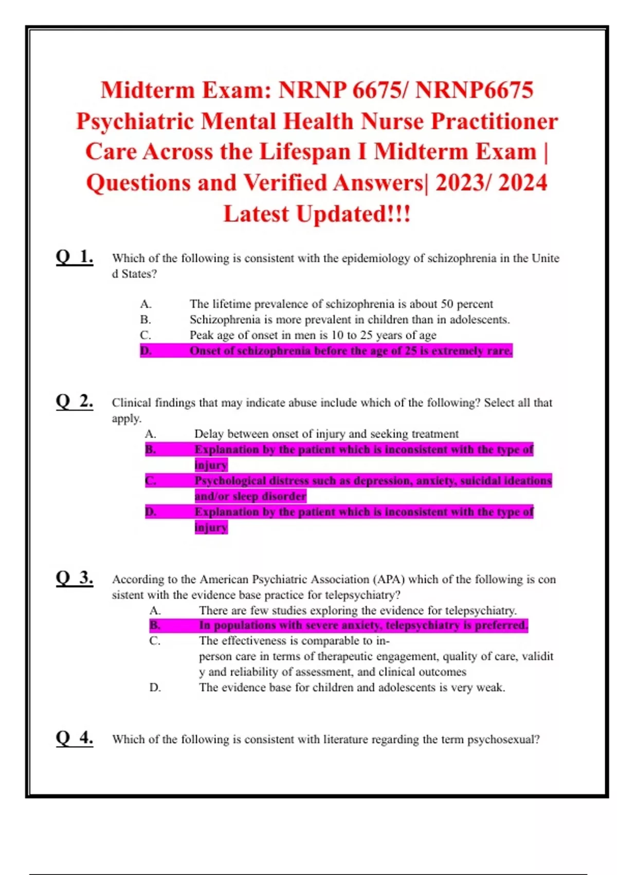 Midterm Exam: NRNP 6675/ NRNP6675 Psychiatric Mental Health Nurse ...