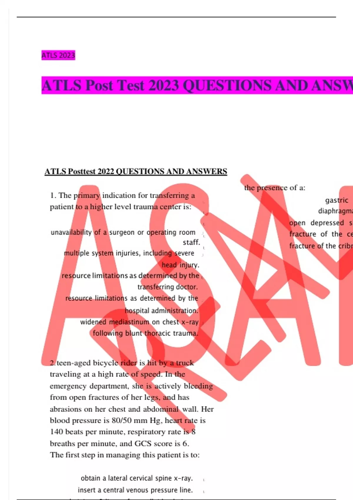 ATLS 2023 ATLS Post Test 2023 QUESTIONS AND ANSWERS ATLS 2023 ATLS