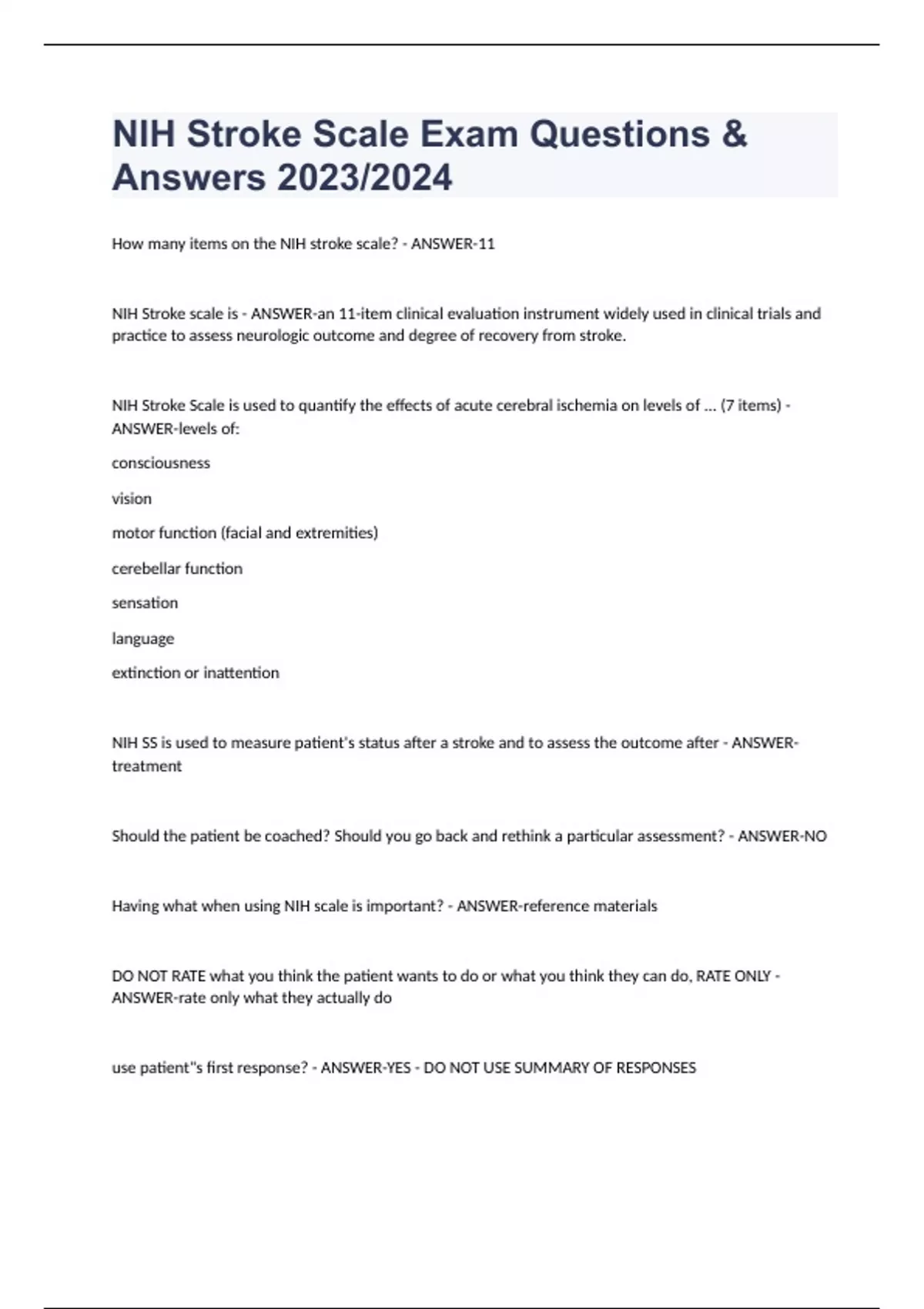 NIH Stroke Scale Exam Questions & Answers 2023/2024 - NIH Stroke Scale ...