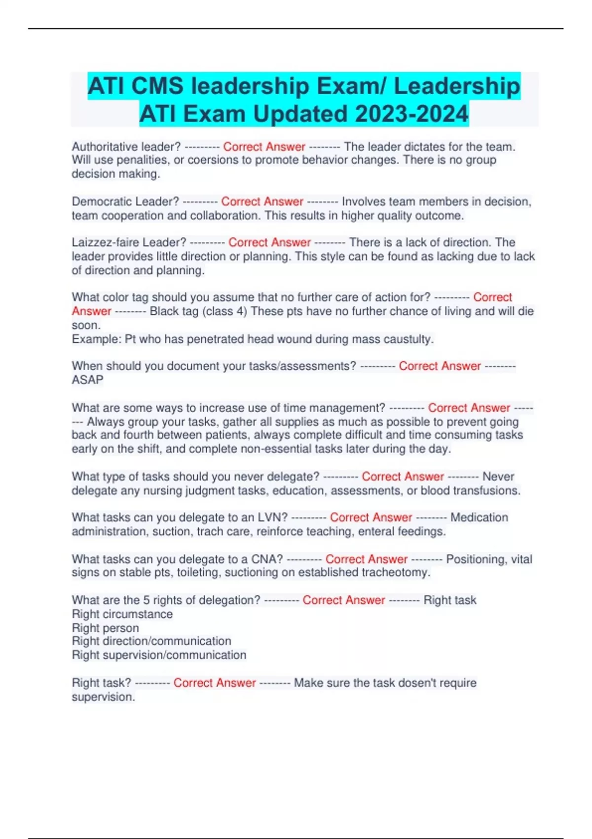 ATI CMS leadership Exam/ Leadership ATI Exam Updated - ATI CMS leadership - Stuvia US