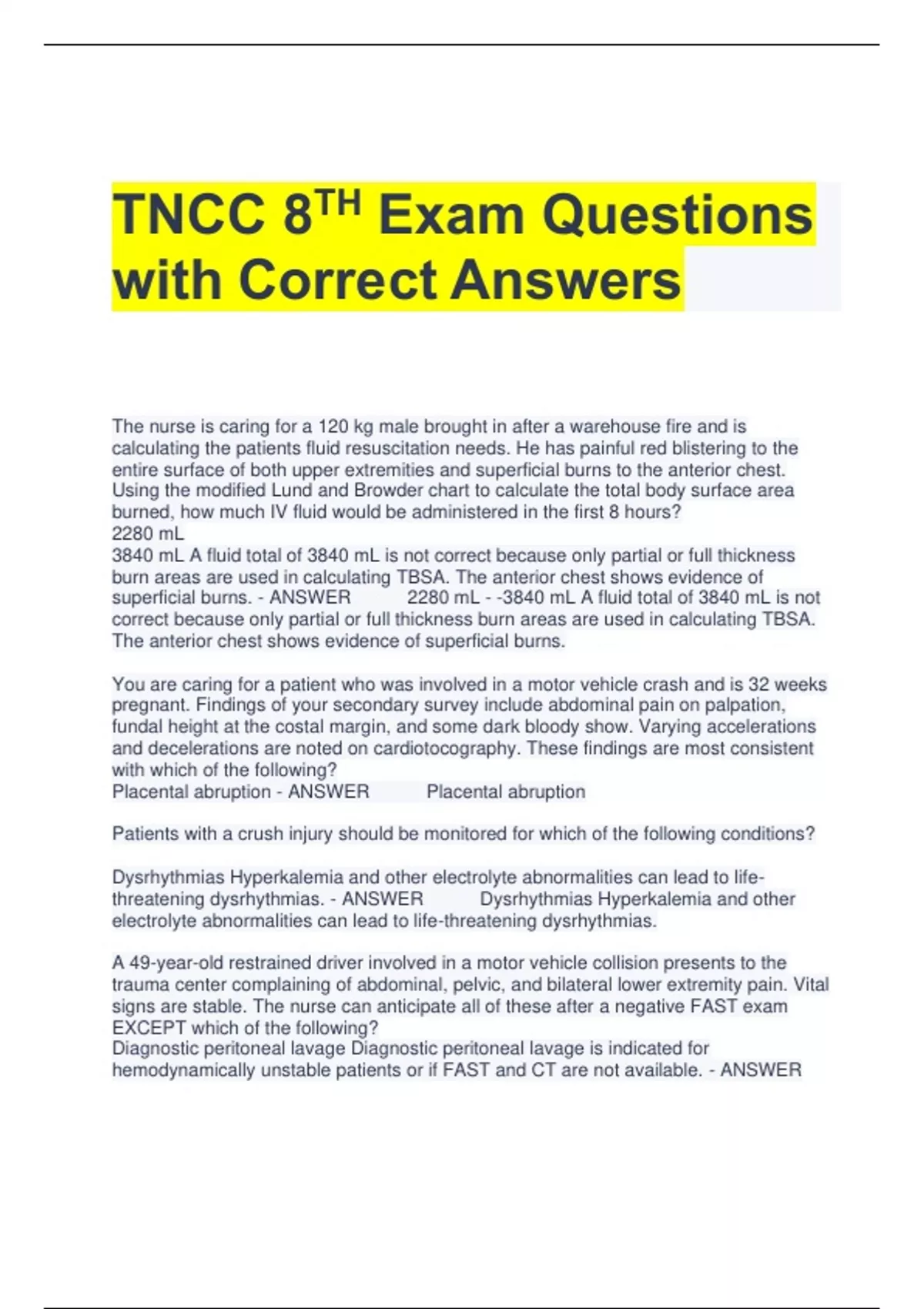 TNCC 8TH Exam Questions with Correct Answers - TNCC - Stuvia US