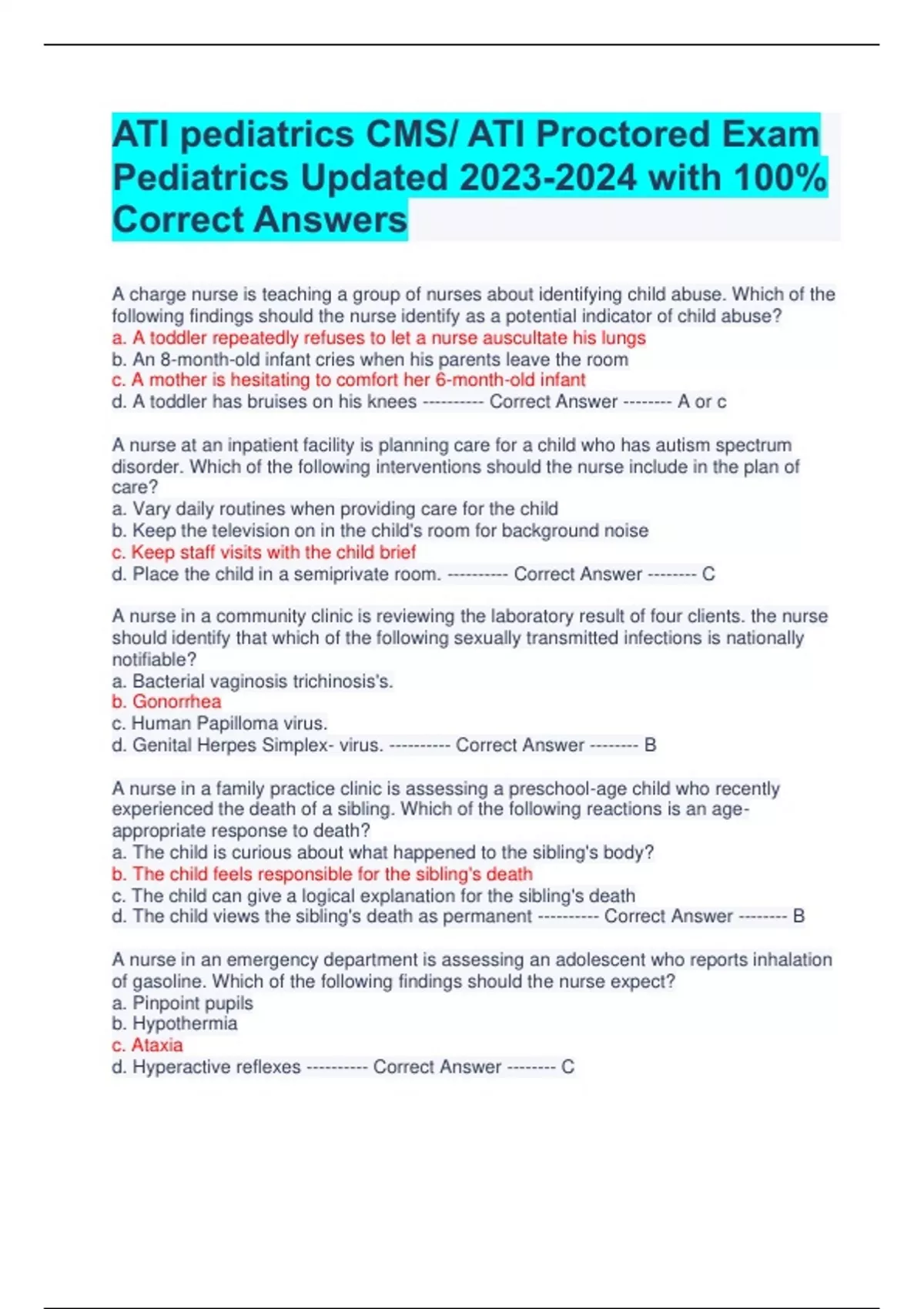 ATI pediatrics CMS/ ATI Proctored Exam Pediatrics Updated with 100% ...