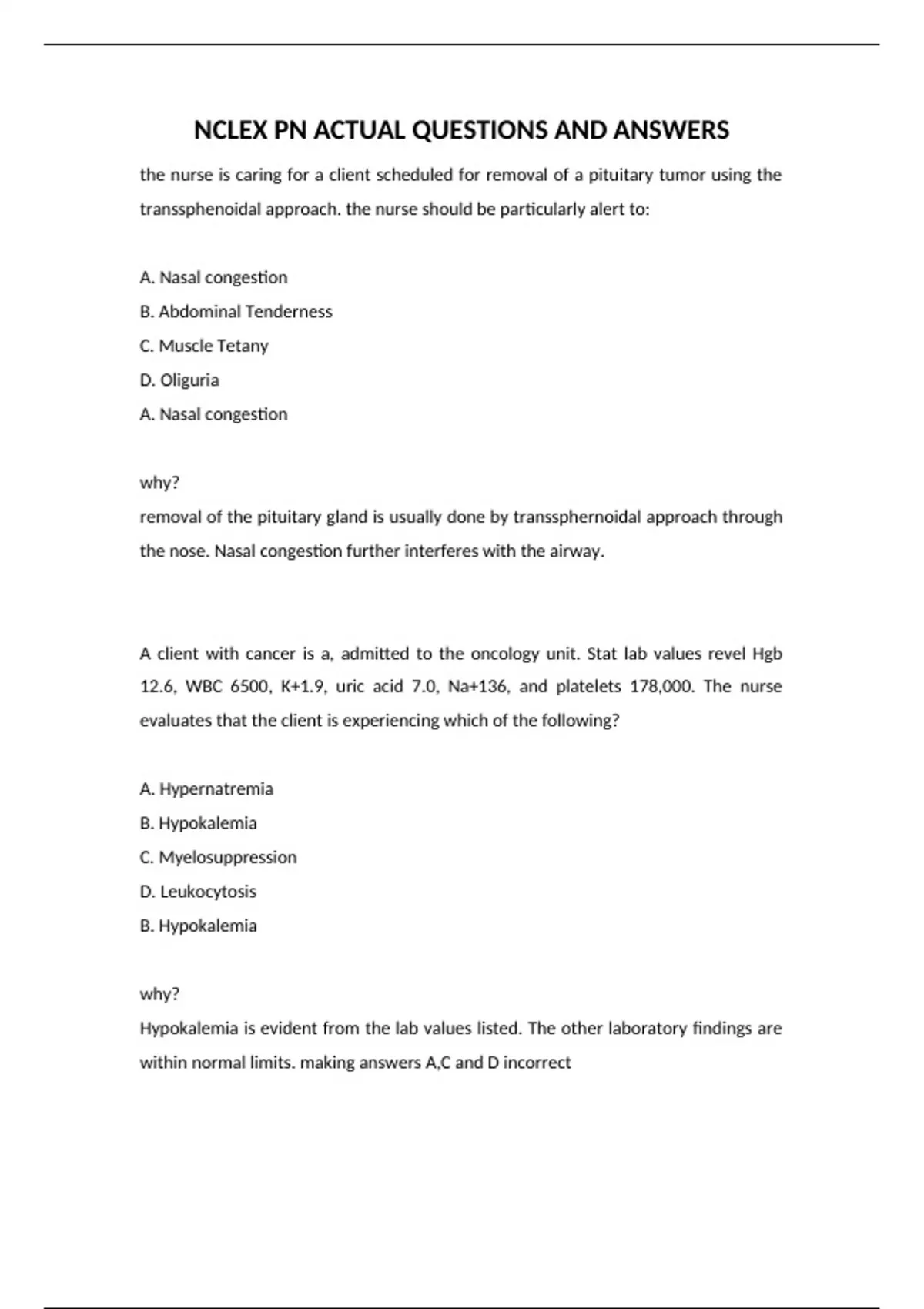 NCLEX PN ACTUAL EXAM QUESTIONS AND ANSWERS. LATEST WELL ANSWERED 2024 ...