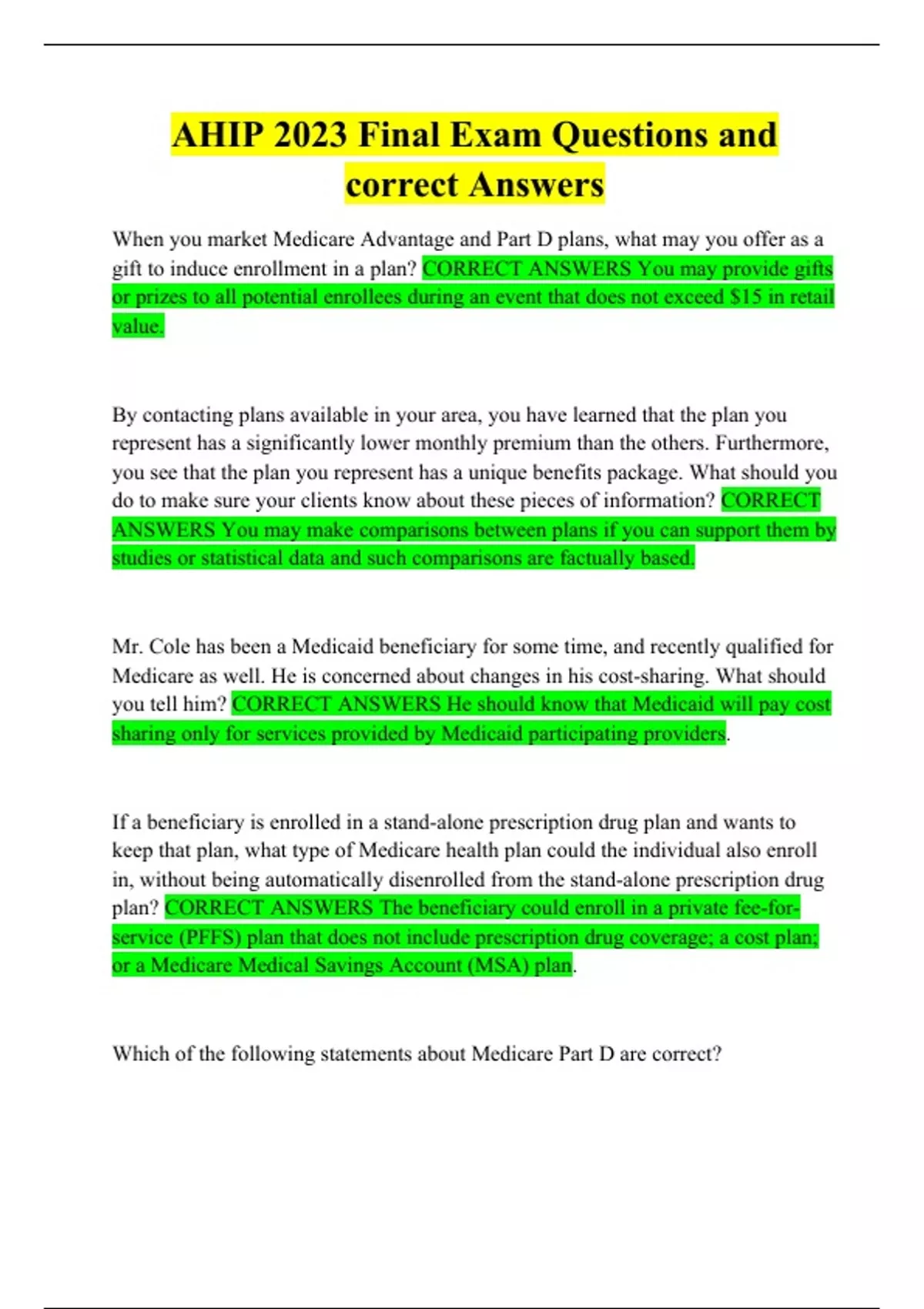 AHIP 2023 Final Exam Questions and correct Answers - Ahip - Stuvia US