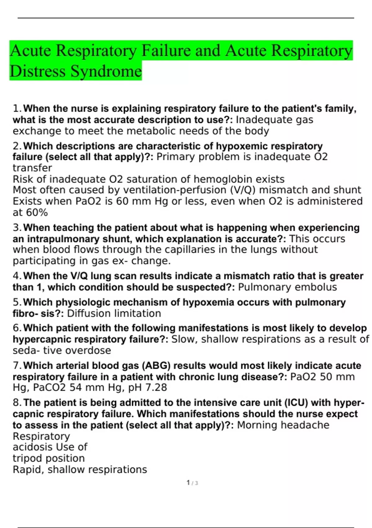 NCLEX ACUTE RESPIRATORY FAILURE AND ARDS CHAPTER 68 Nursing Management ...