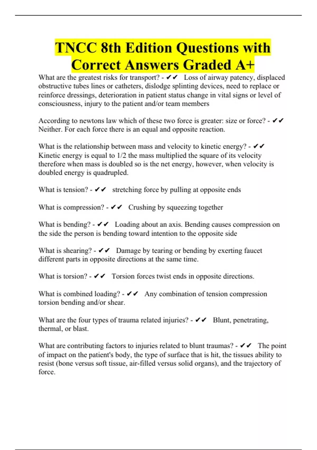 TNCC 8th Edition Questions with Correct Answers Graded A+ - TNCC ...