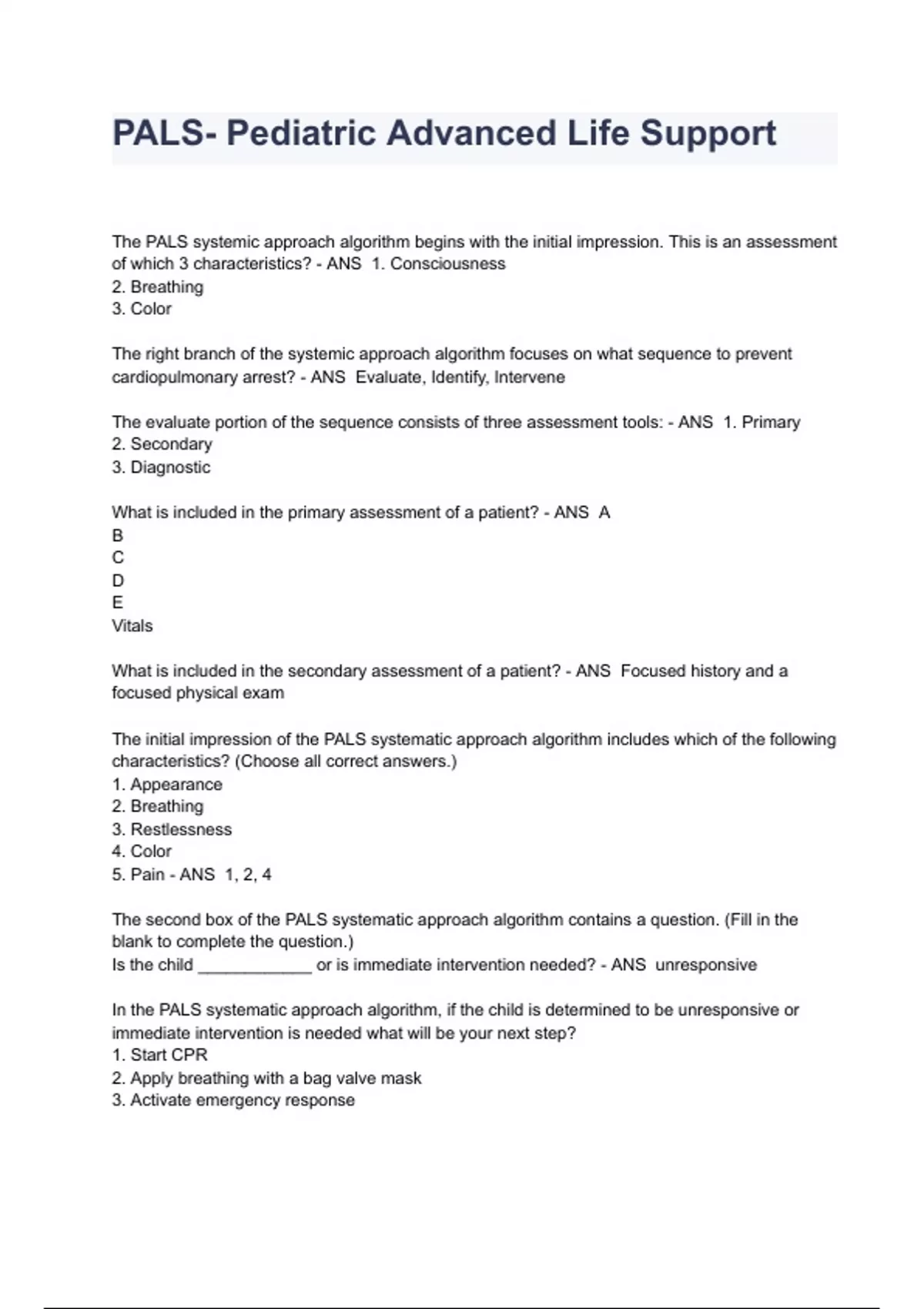 PALS- Pediatric Advanced Life Support Exam 2022 UPDATED 2023 GRADED A+ ...