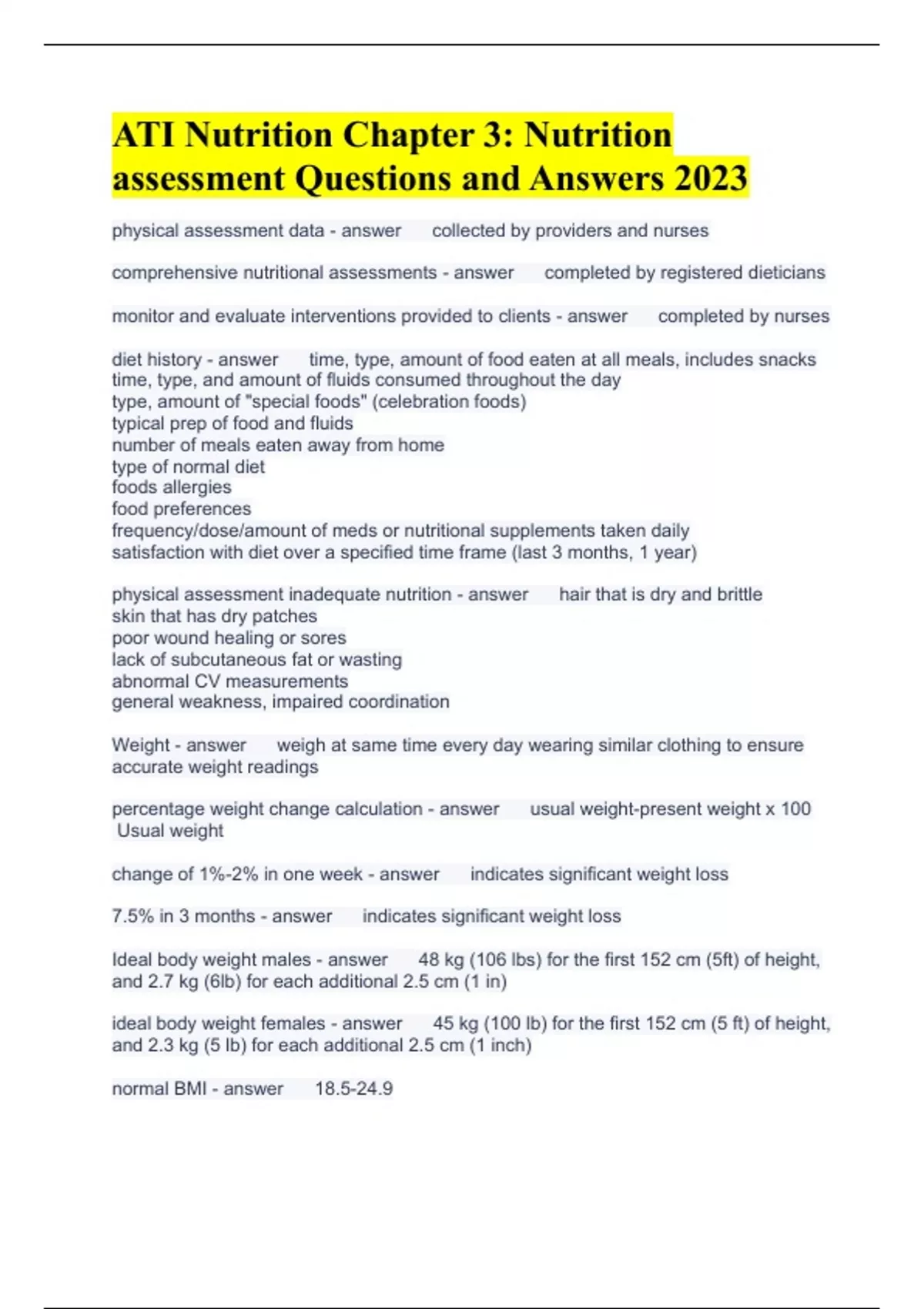ATI Nutrition Chapter 3: Nutrition assessment Questions and Answers ...