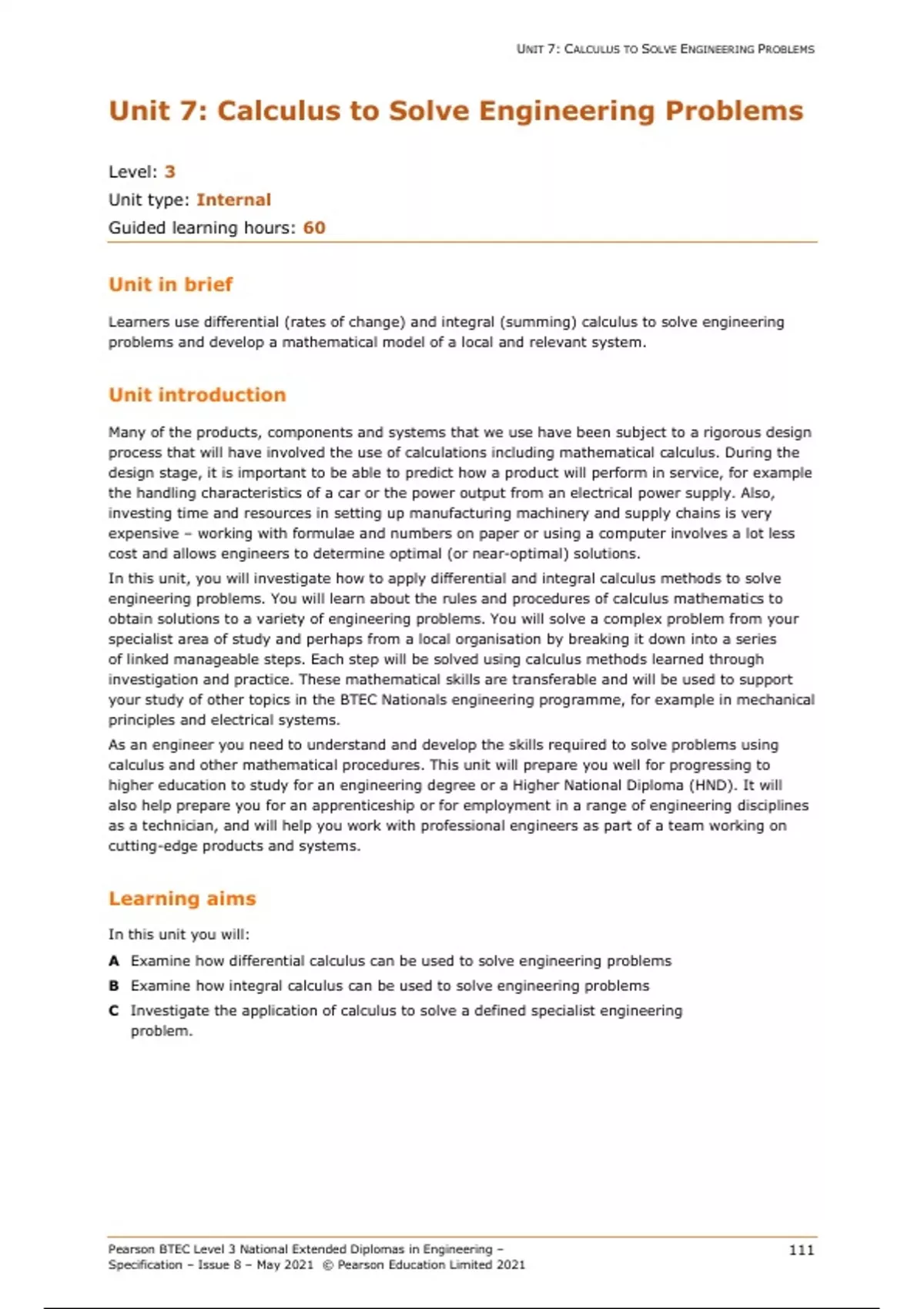 Summary Unit 7 - Calculus to Solve Engineering Problems Unit Spec ...