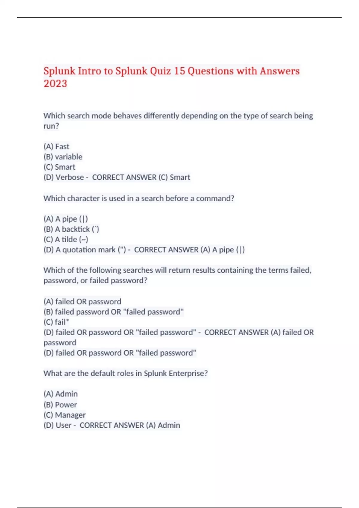 Splunk Intro To Splunk Quiz 15 Questions With Answers 2023100 Correct Splunk Intro To