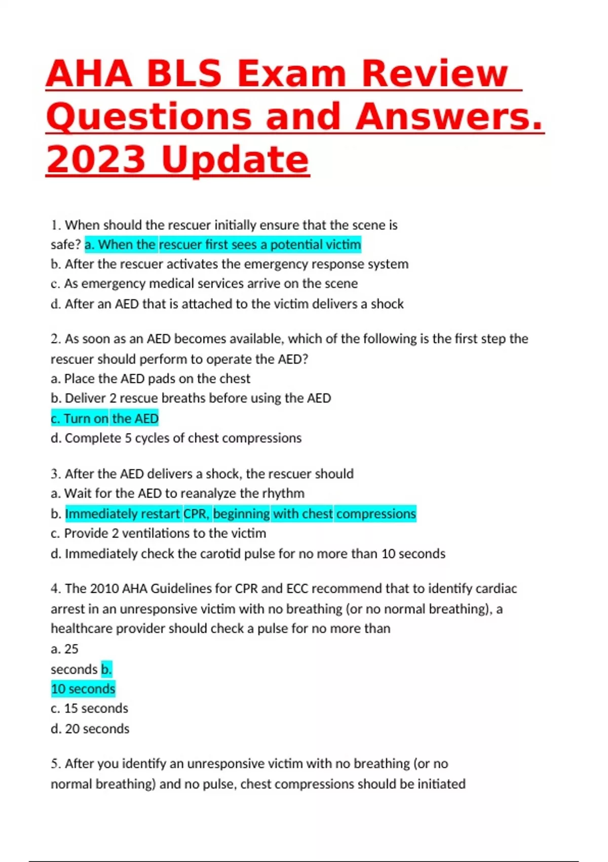 AHA BLS Exam Review Questions And Answers 2023 Update AHA BLS