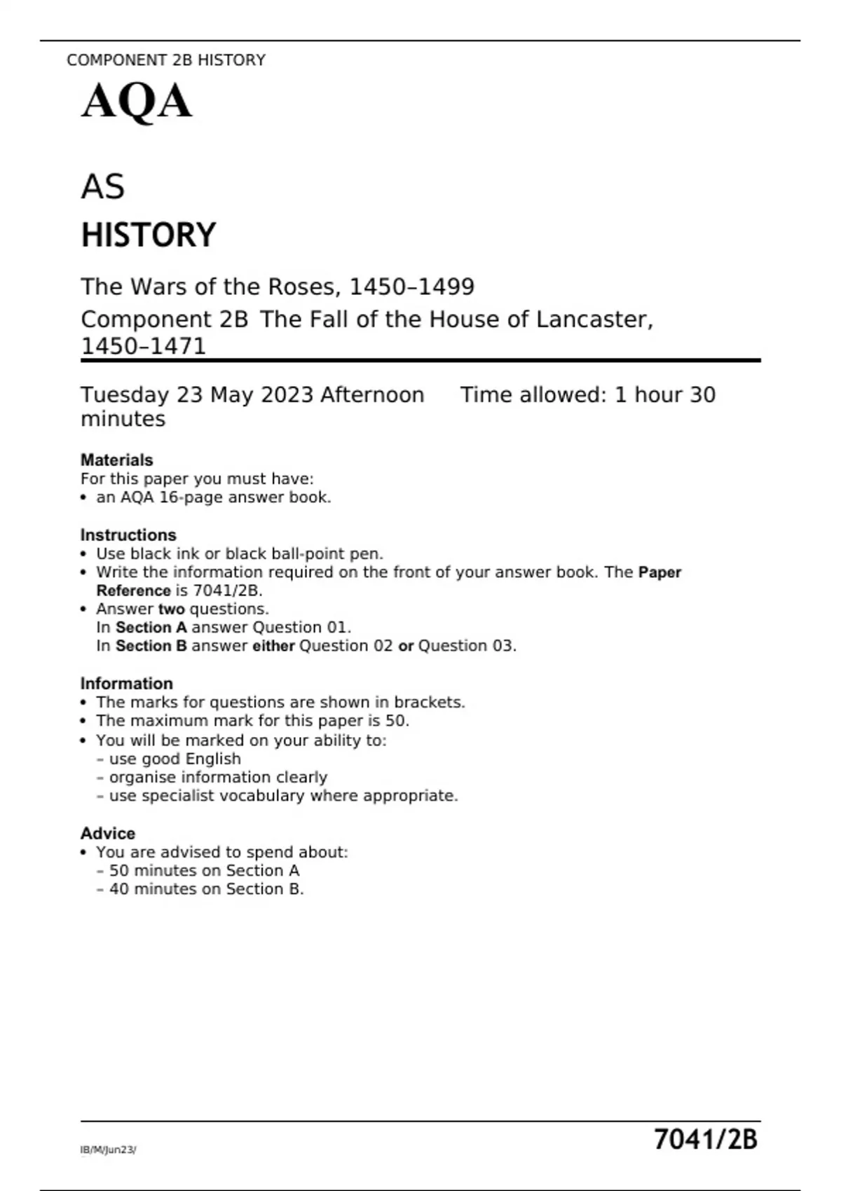 AQA AS HISTORY The Wars of the Roses, 1450–1499 Component 2B The Fall ...