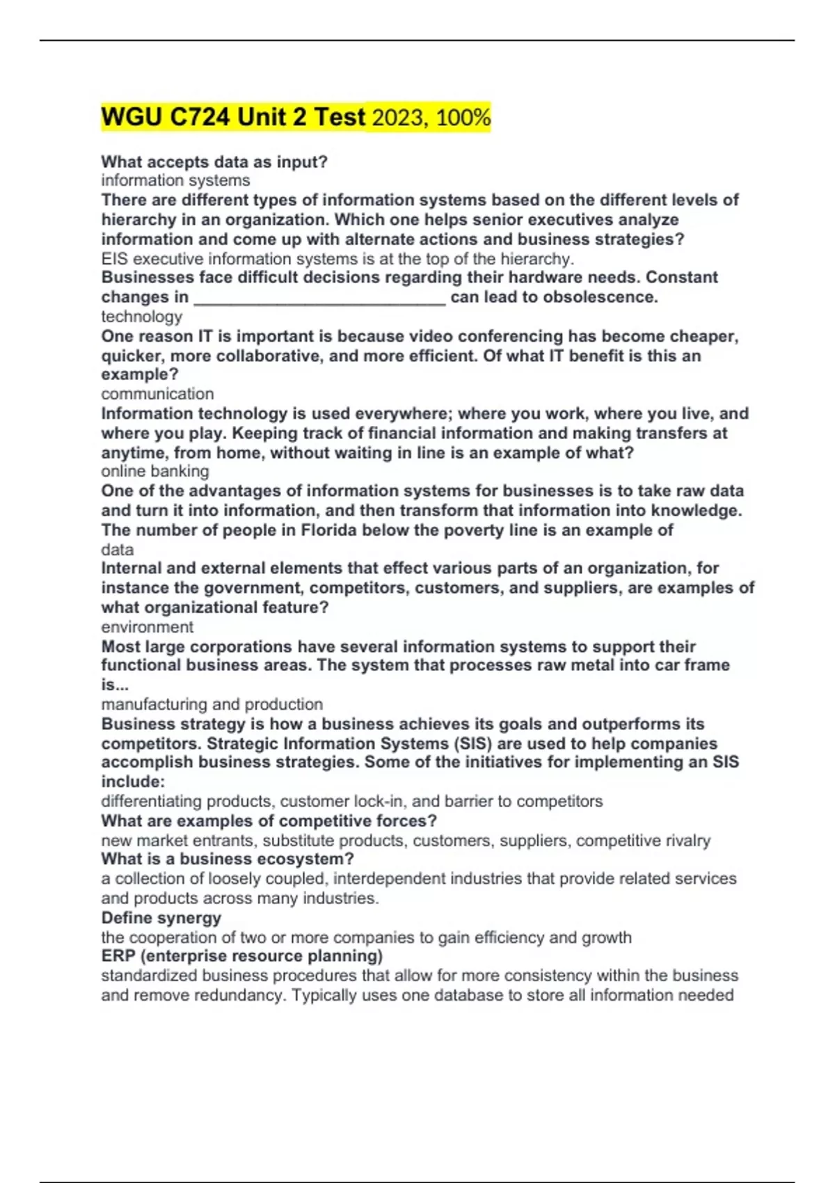 WGU C724 Unit 2 Test 2023, 100% - WGU C724 - Stuvia US