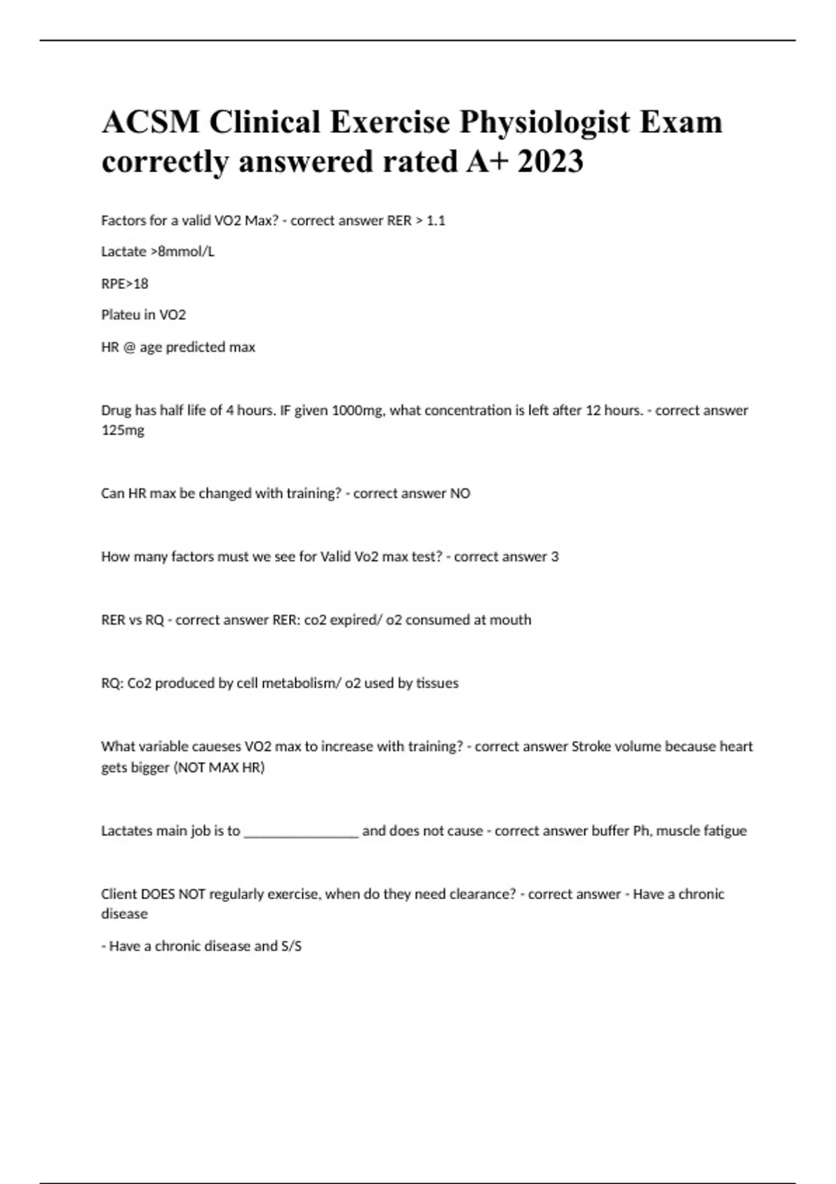 ACSM Clinical Exercise Physiologist Exam correctly answered rated A+ ...