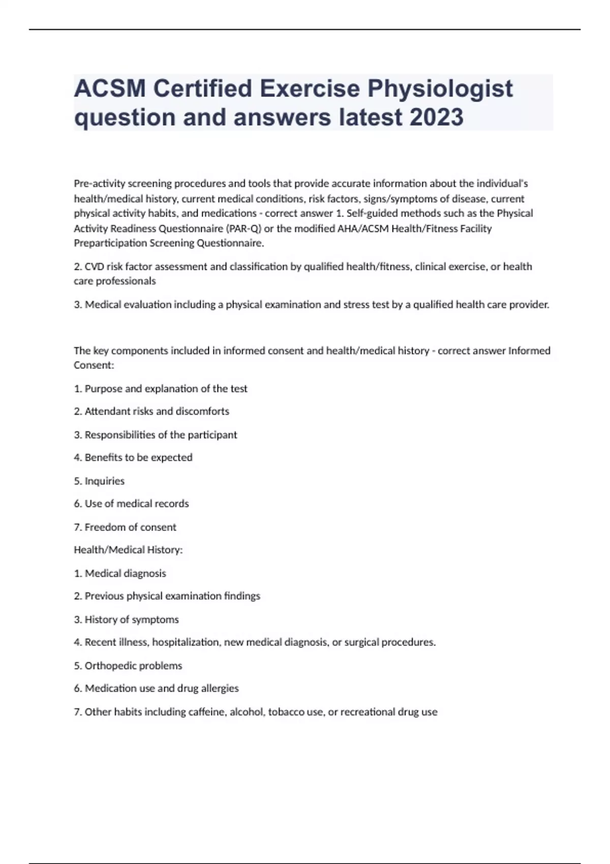 ACSM Certified Exercise Physiologist question and answers latest 2023 ...