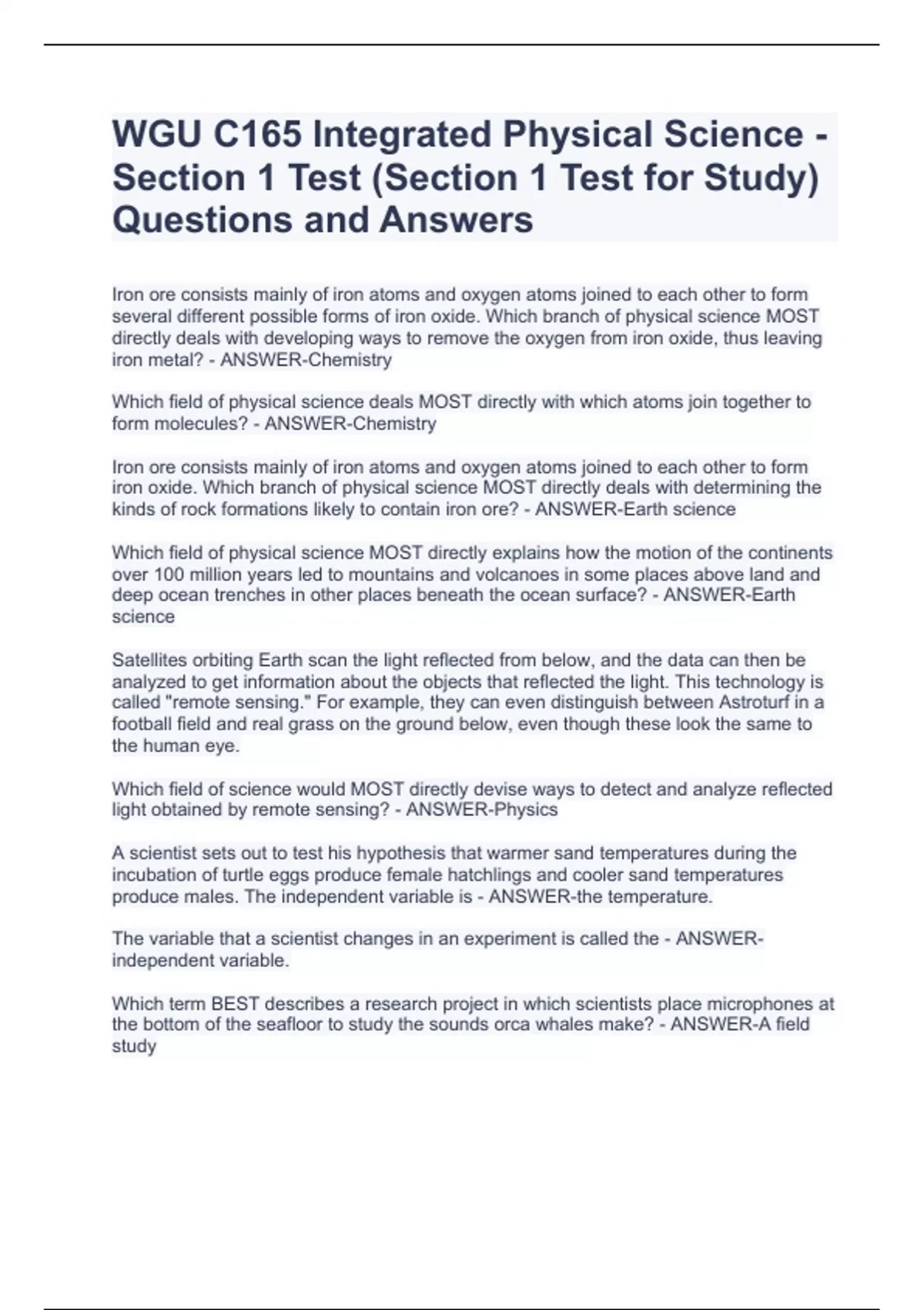 WGU C165 Integrated Physical Science - Section 1 Test (Section 1 Test ...