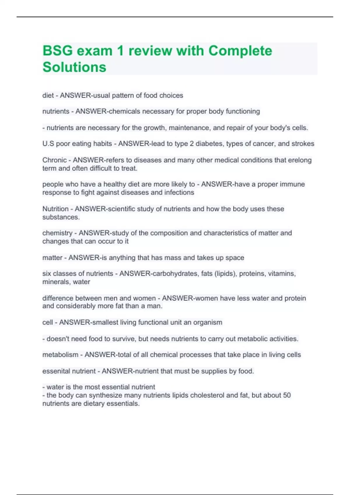 BSG exam 1 review with Complete Solutions - BSG - Stuvia US